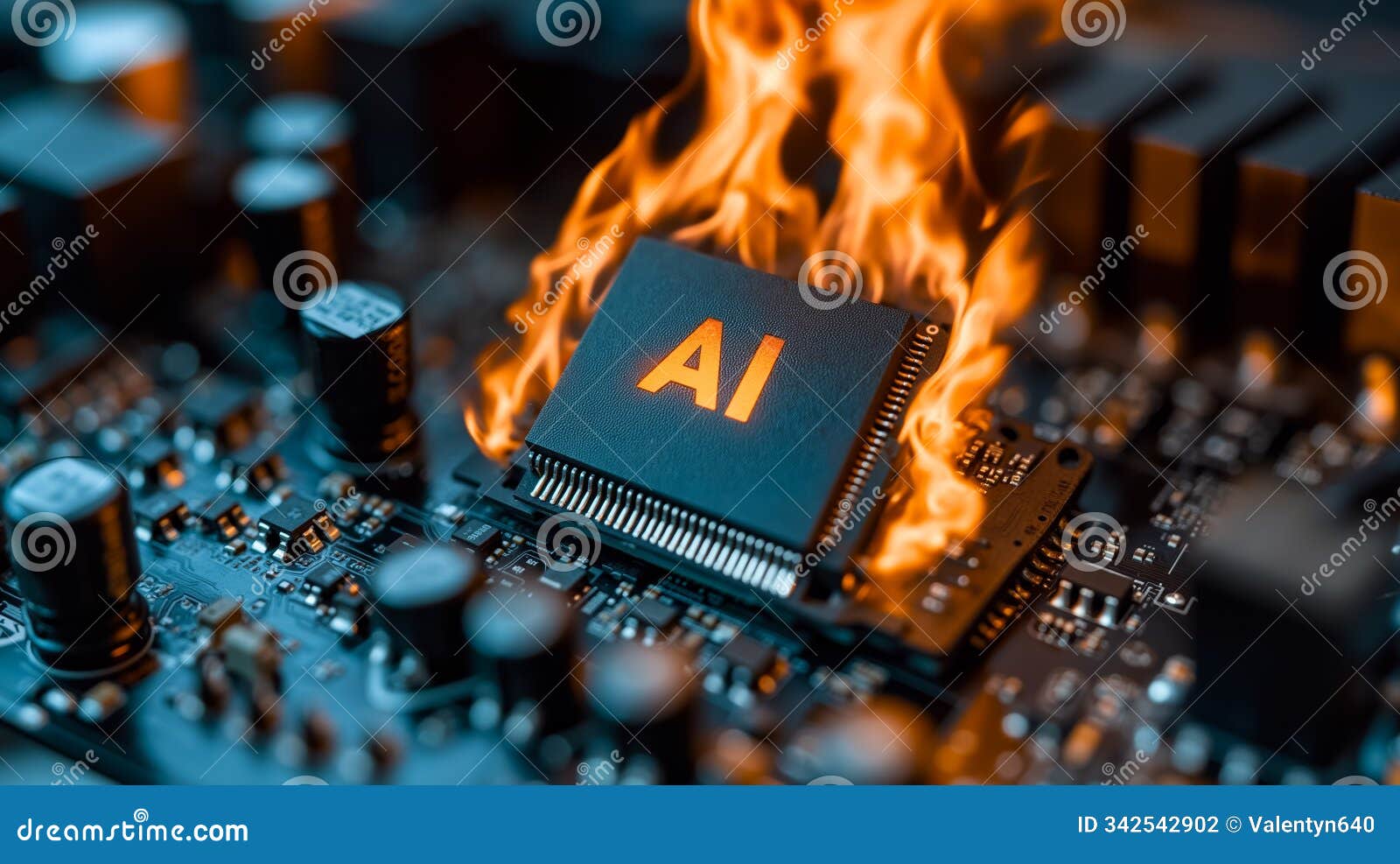A Computer Chip on Fire on Top of a Circuit Board Stock Illustration ...