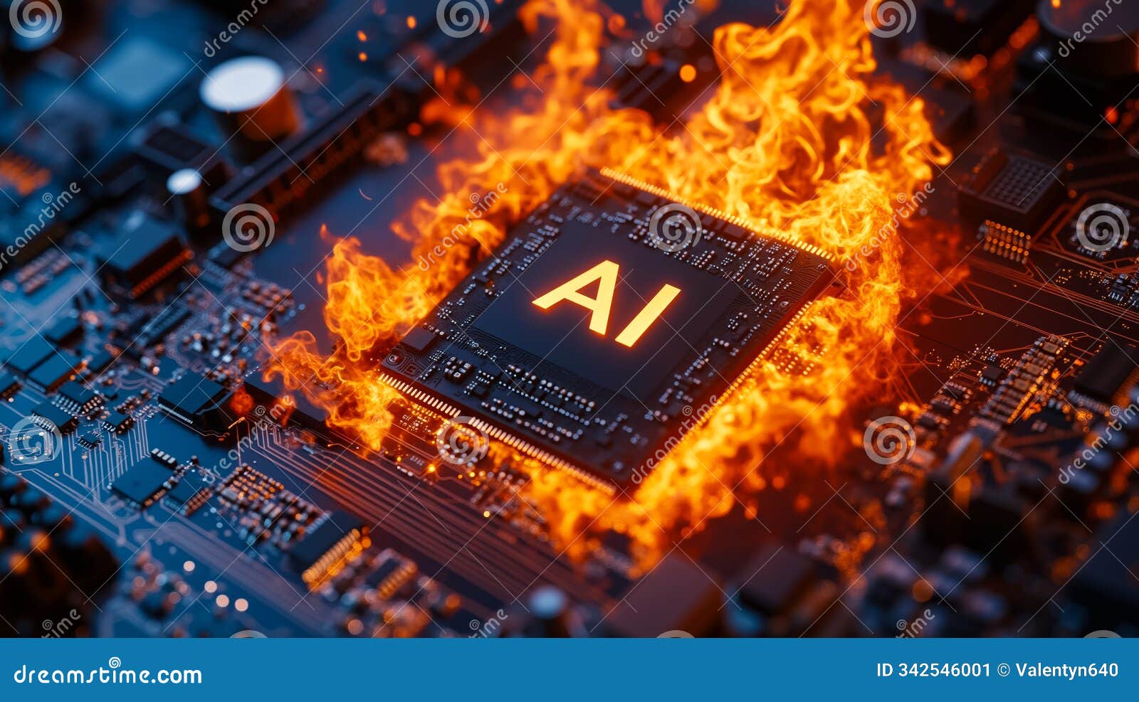 A Computer Chip on Fire on Top of a Circuit Board Stock Illustration ...