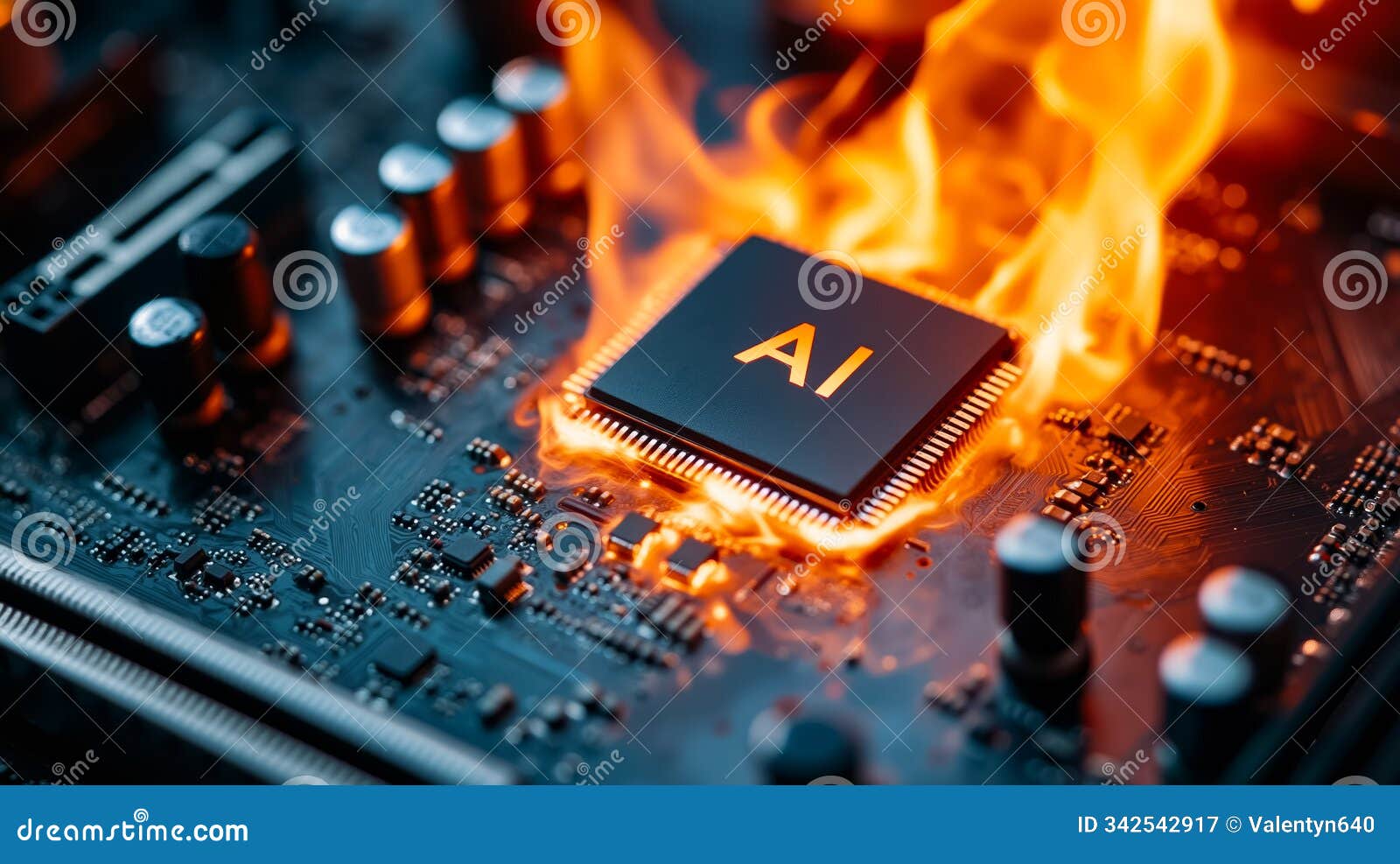 A Computer Chip on Fire on Top of a Motherboard Stock Illustration ...