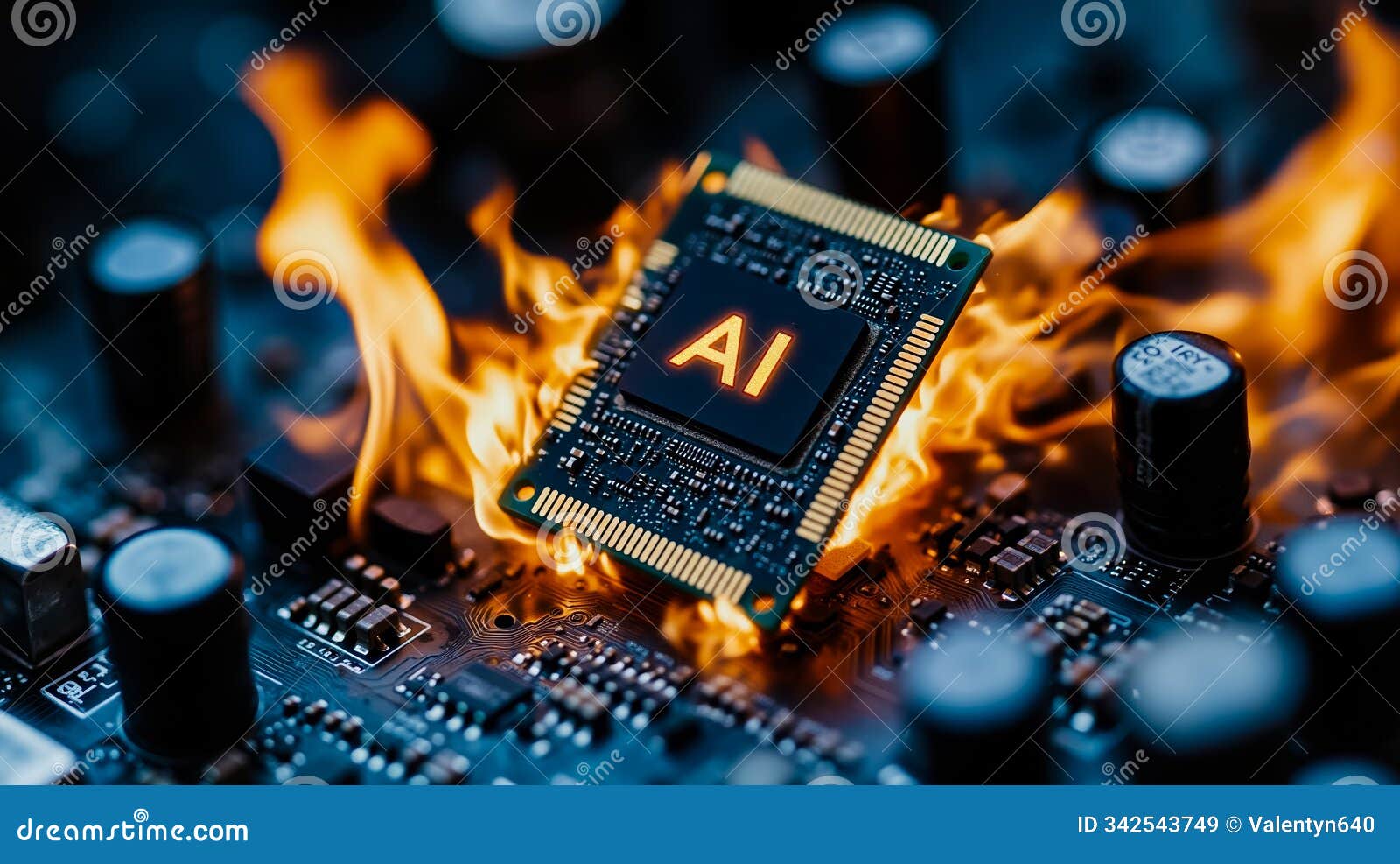 A Computer Chip on Fire with the Word AI on it Stock Illustration ...