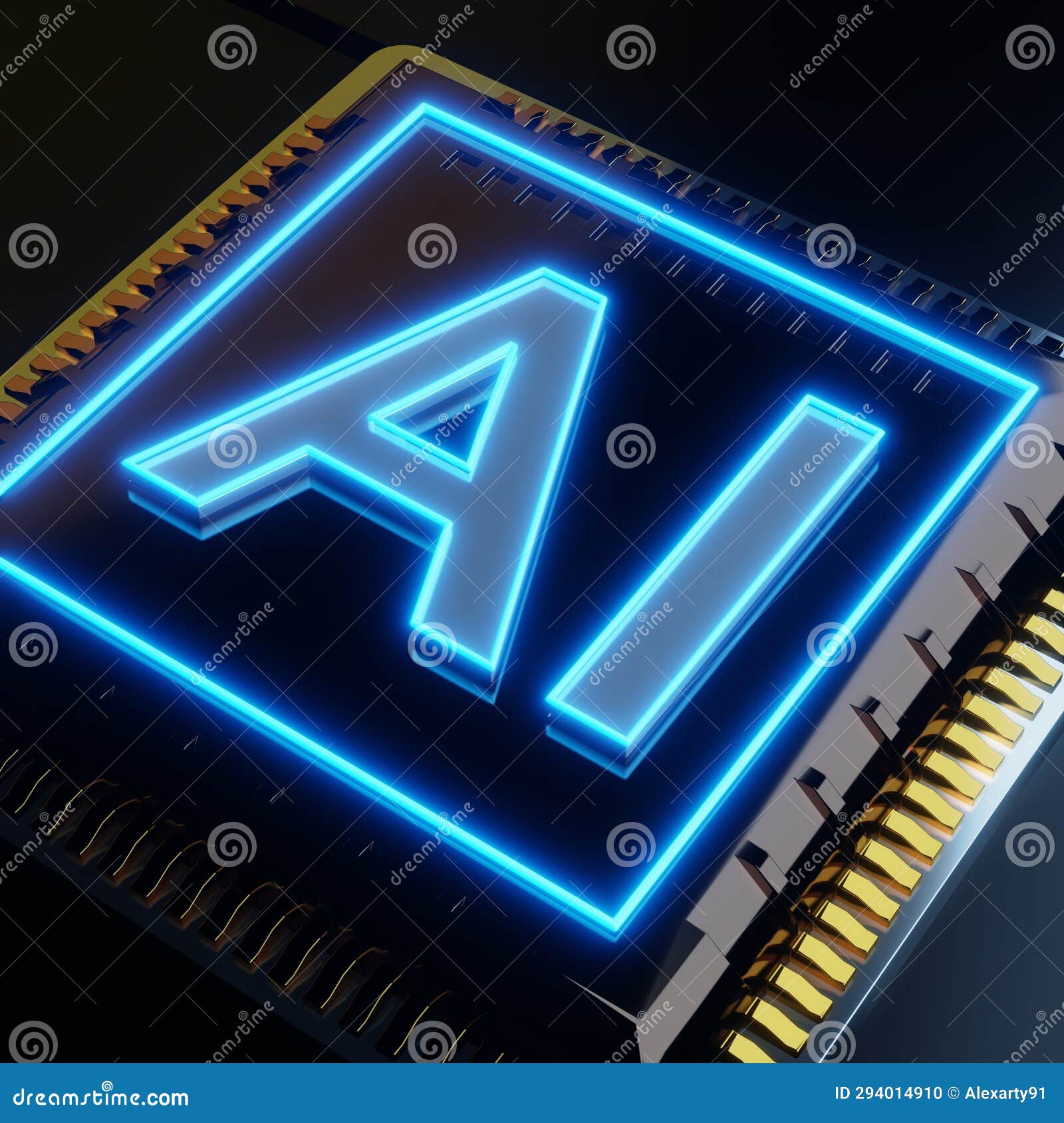 Computer Chip with Glowing Blue Neon Light Sign 3d Render Stock ...