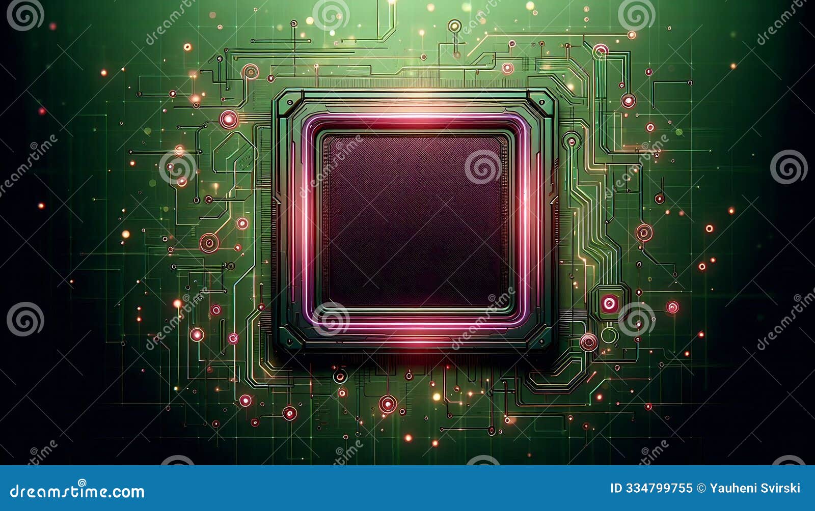 A Computer Chip with a Green Background and a Red Border. the Chip is ...