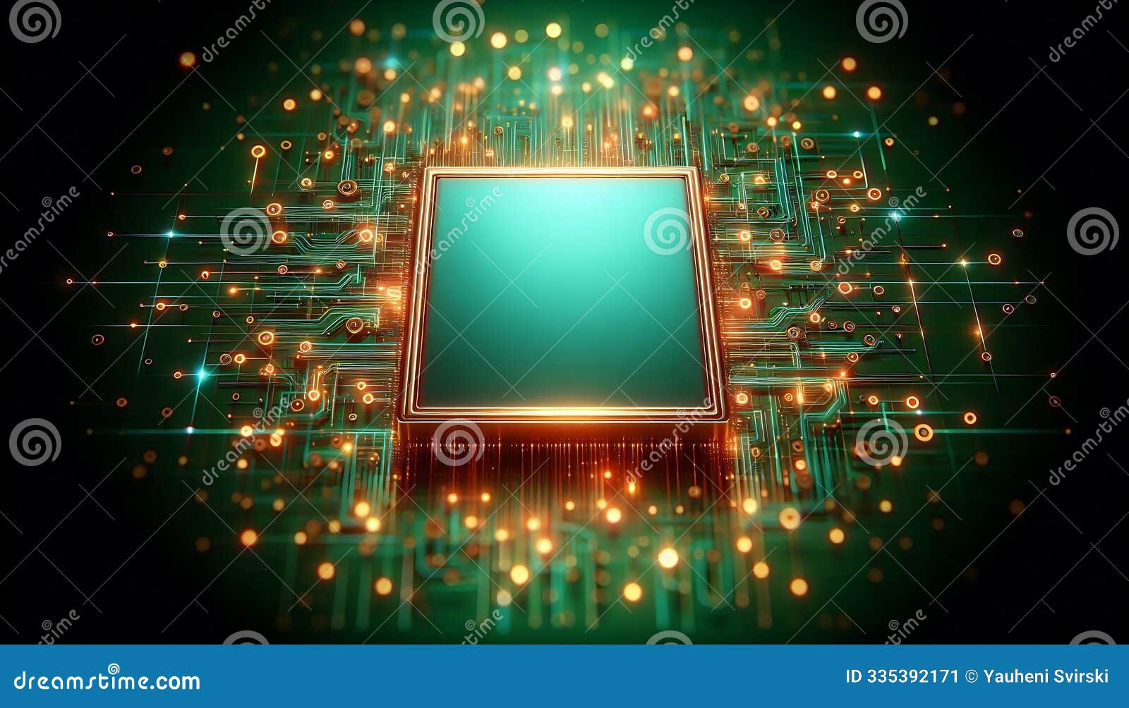 A Computer Chip with a Green Frame and a Gold Border. the Frame is ...