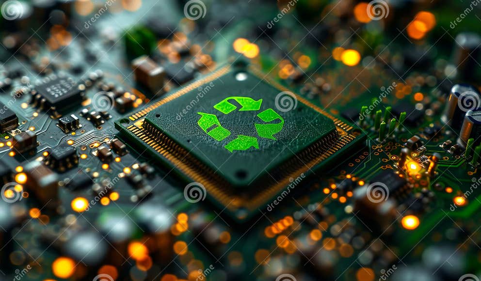 A Computer Chip with a Green Recycling Symbol on it. the Chip is ...
