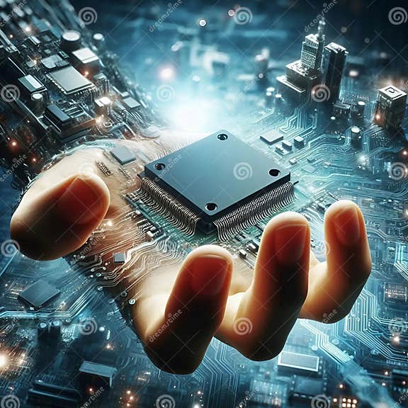 Computer chip in hand stock illustration. Illustration of electronics ...