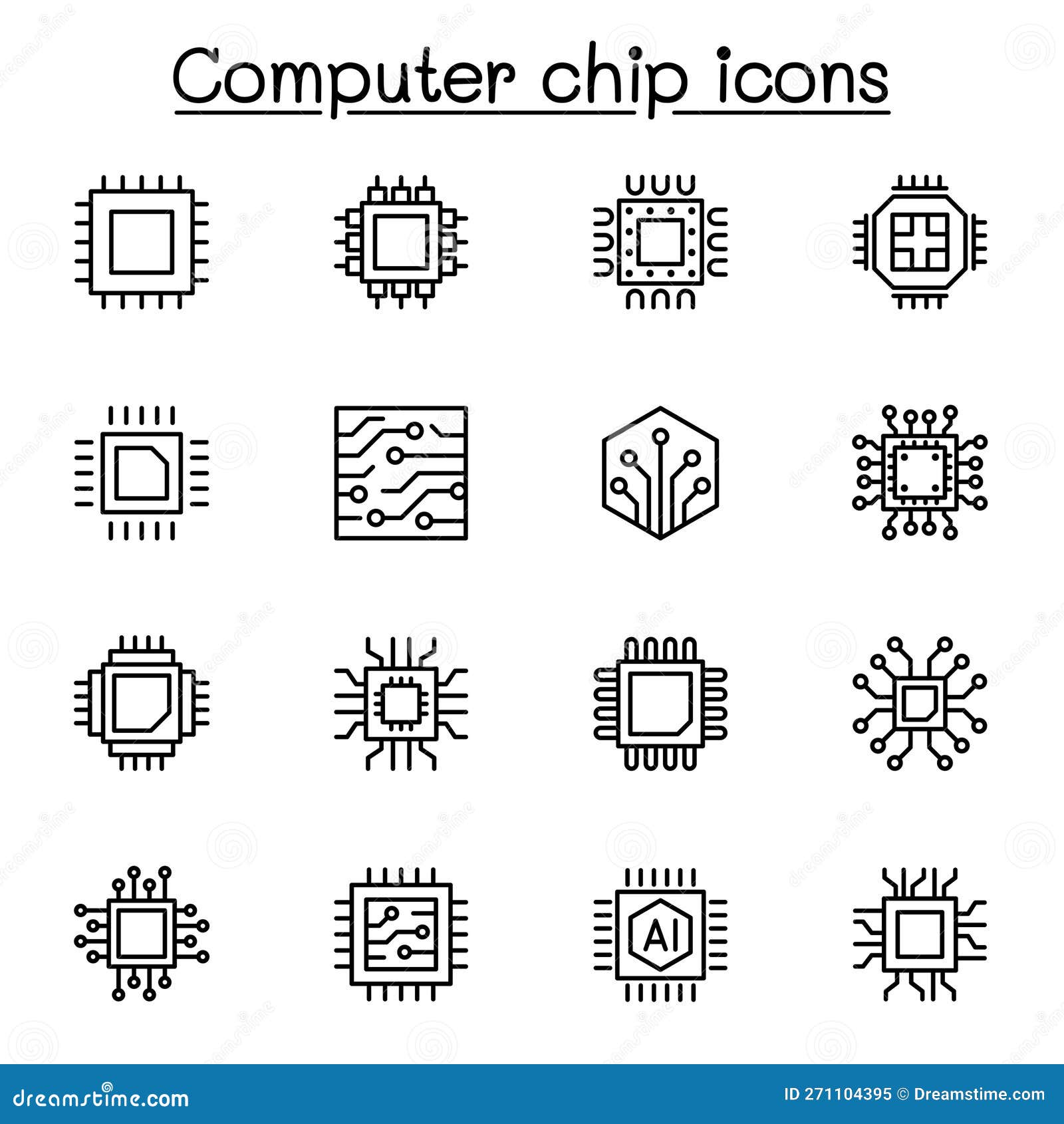 Computer Chip Icon Set in Line Style Stock Vector - Illustration of ...