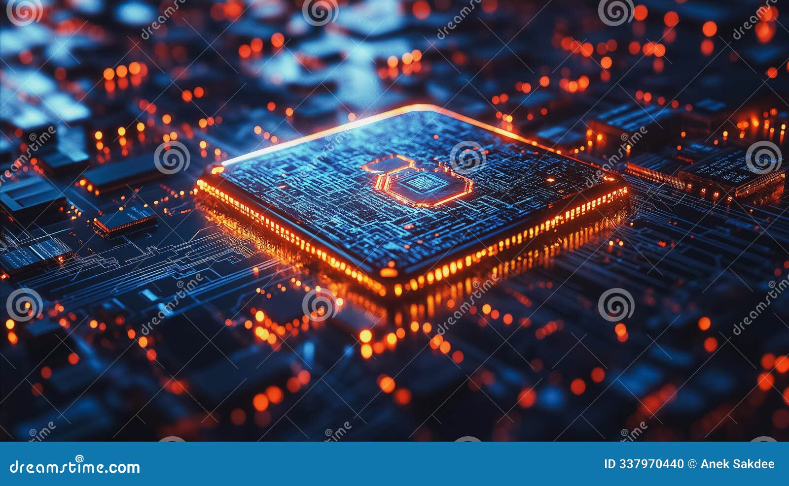 A Computer Chip. the Chip is Lit Up with Bright Orange Lights Stock ...