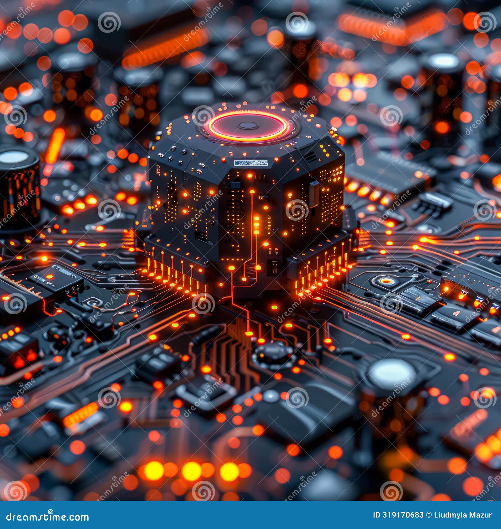 A Computer Chip is Lit Up in a Cityscape Stock Image - Image of macro ...