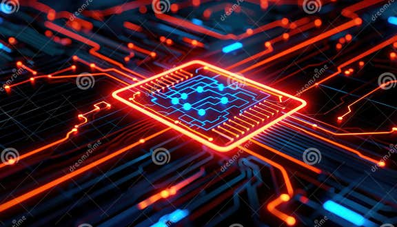 A Computer Chip is Lit Up in Red and Blue Stock Illustration ...