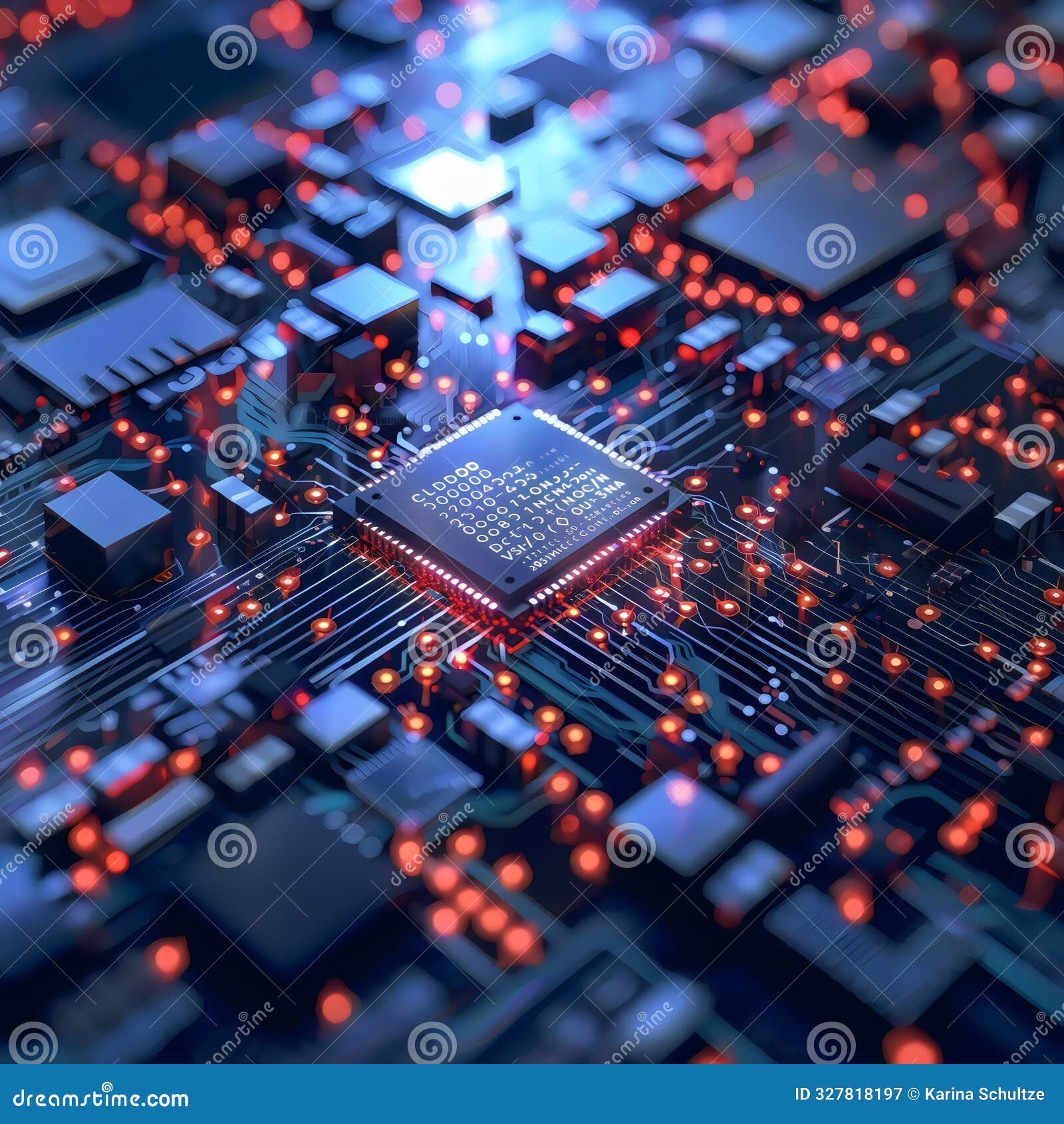 A Computer Chip is Lit Up with Red Lights Stock Illustration ...