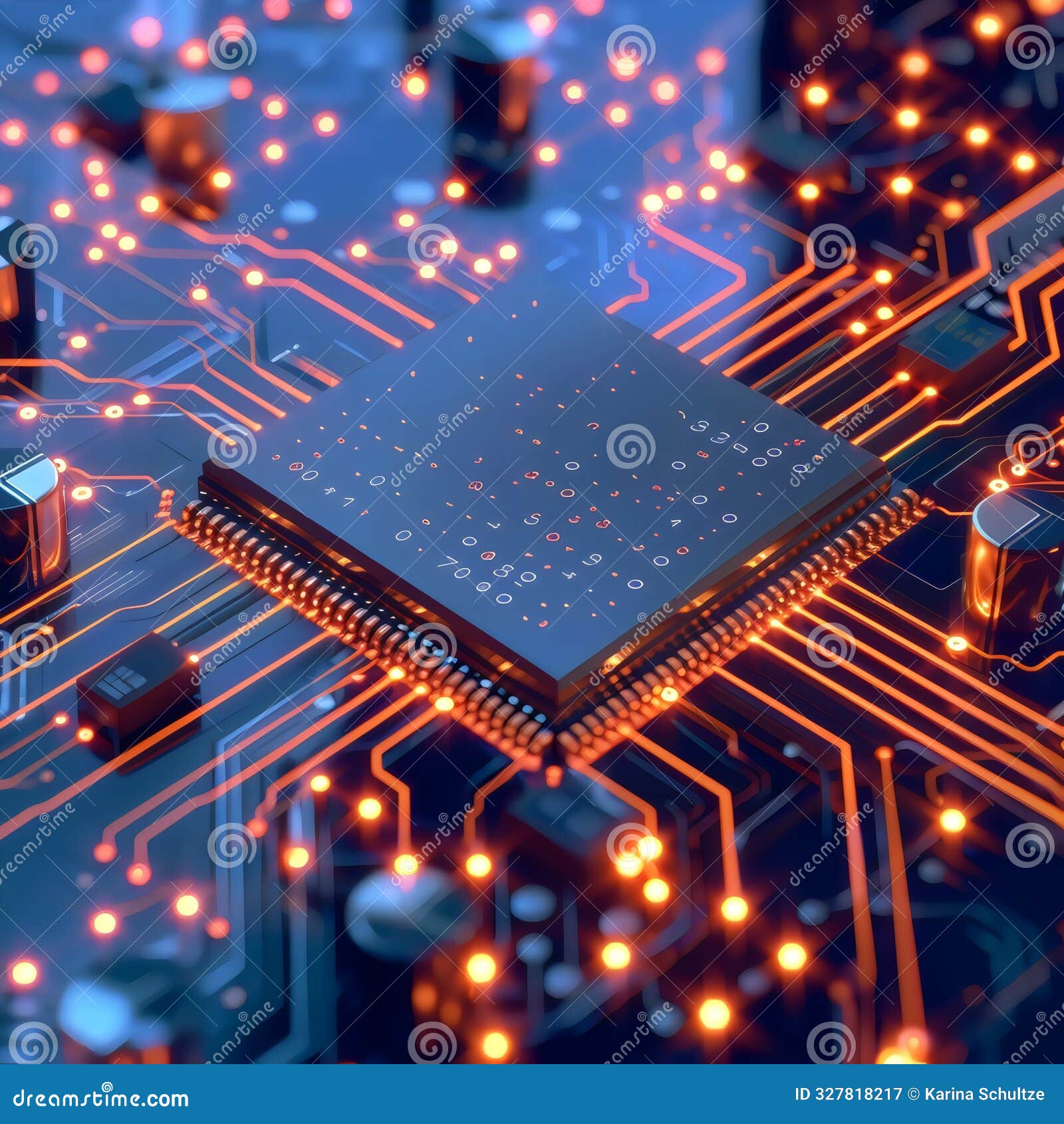 A Computer Chip is Lit Up with Red Lights Stock Illustration ...