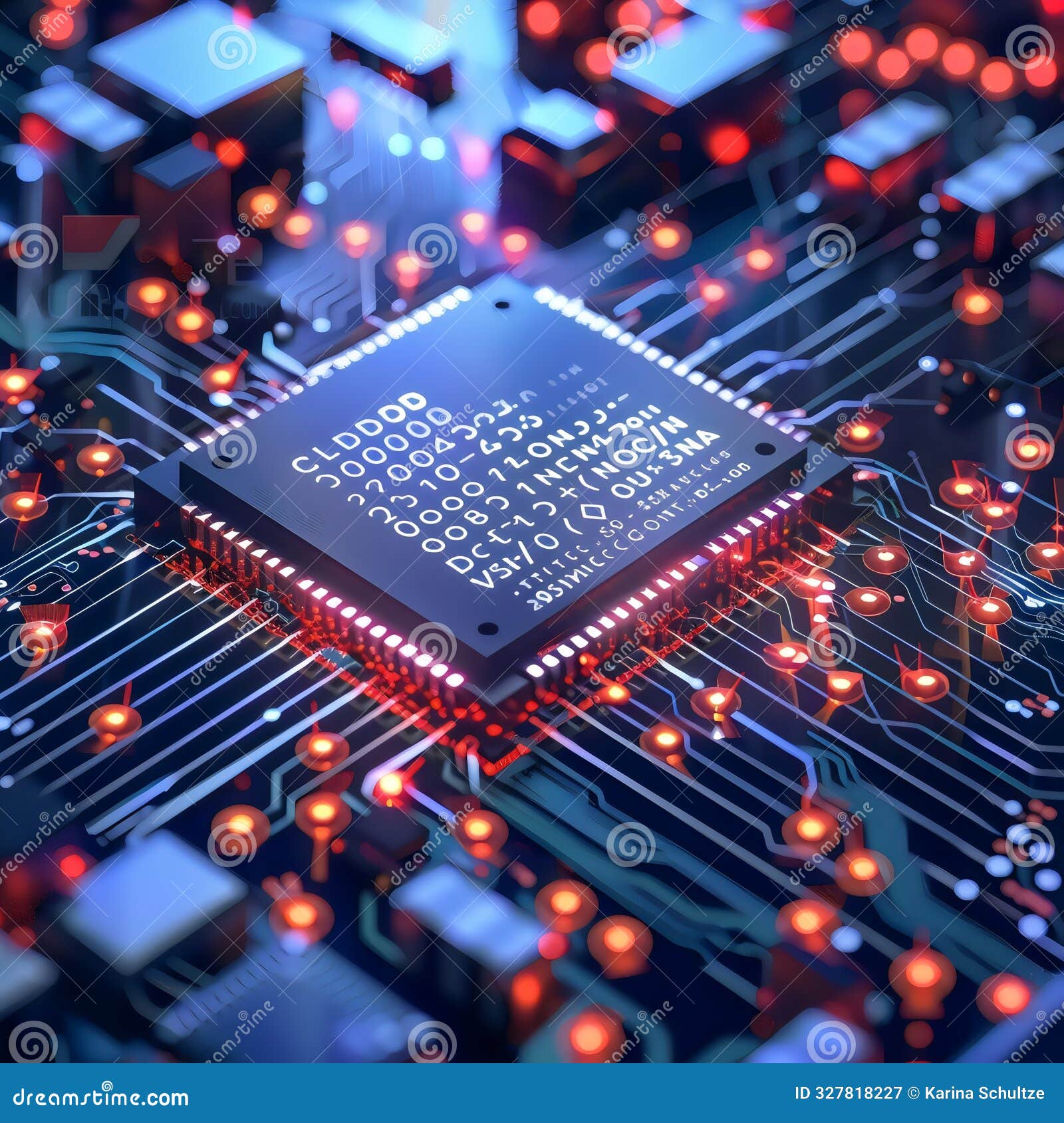 A Computer Chip is Lit Up with Red Lights Stock Illustration ...