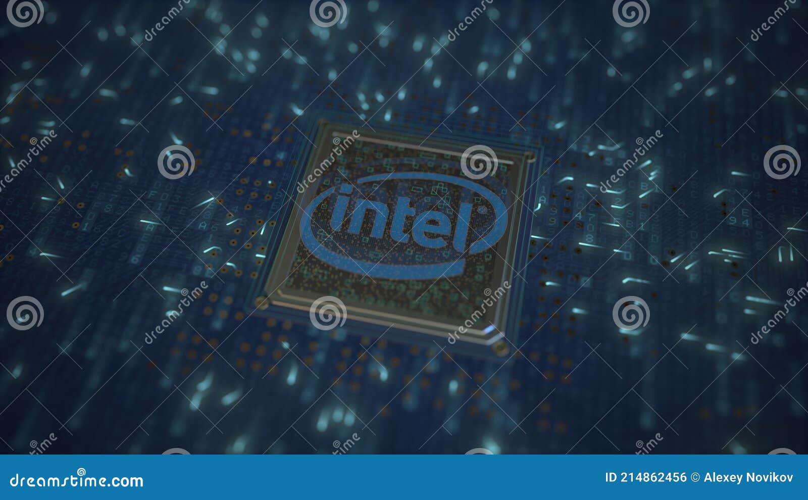 INTEL Logo on the Chip on Computer Board. Conceptual Editorial 3d ...