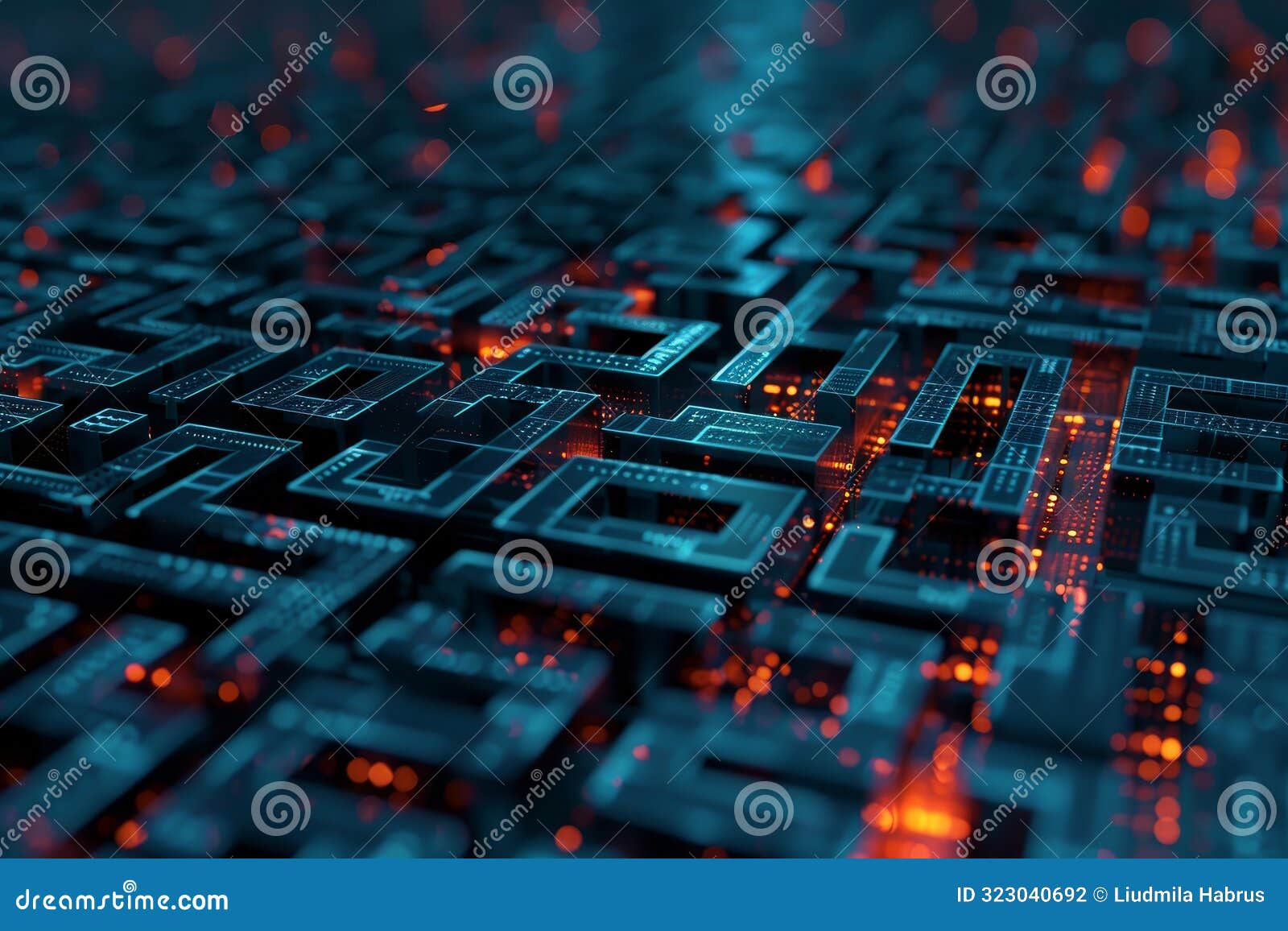 A Computer Chip with a Maze Pattern and Orange Lights Stock Photo ...