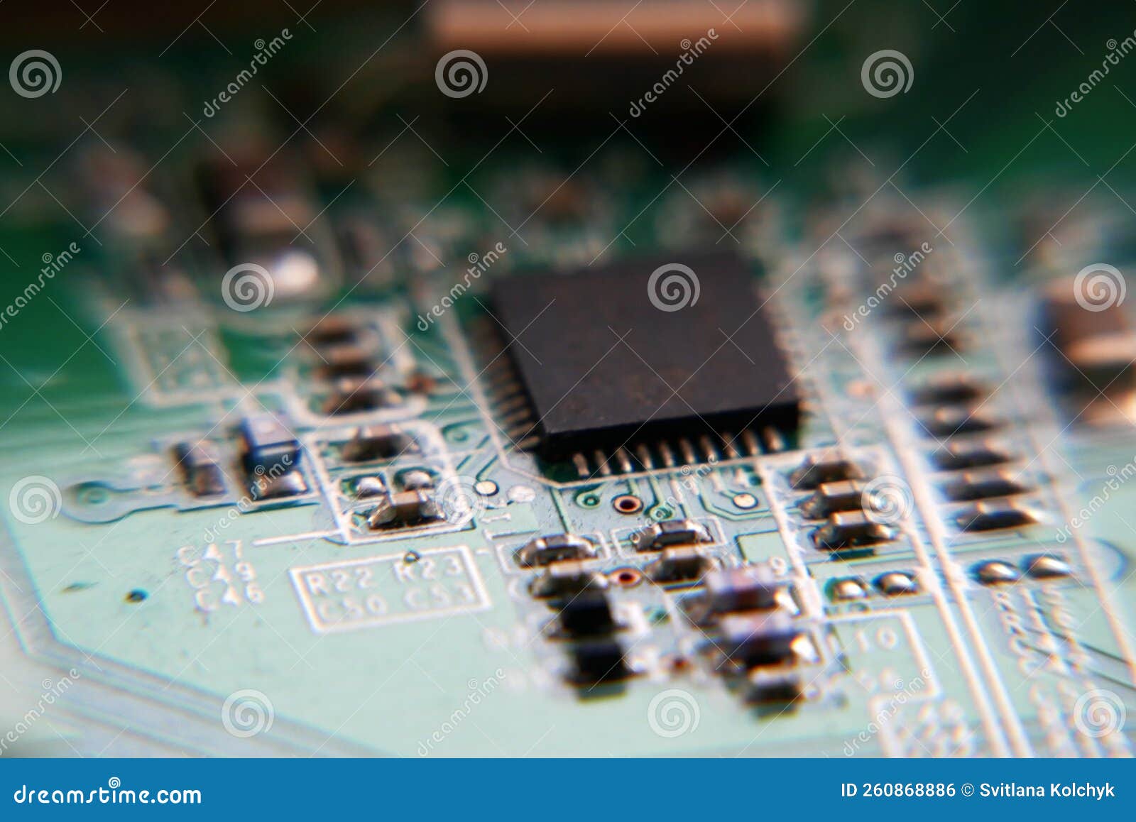 Chip On Motherboard Mainboard With Controllers, Ports And Wires, Close ...