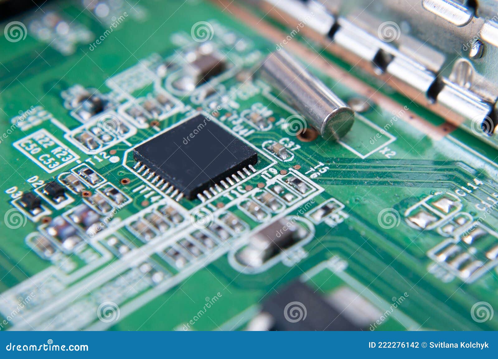 Chip On Motherboard Mainboard With Controllers, Ports And Wires, Close ...