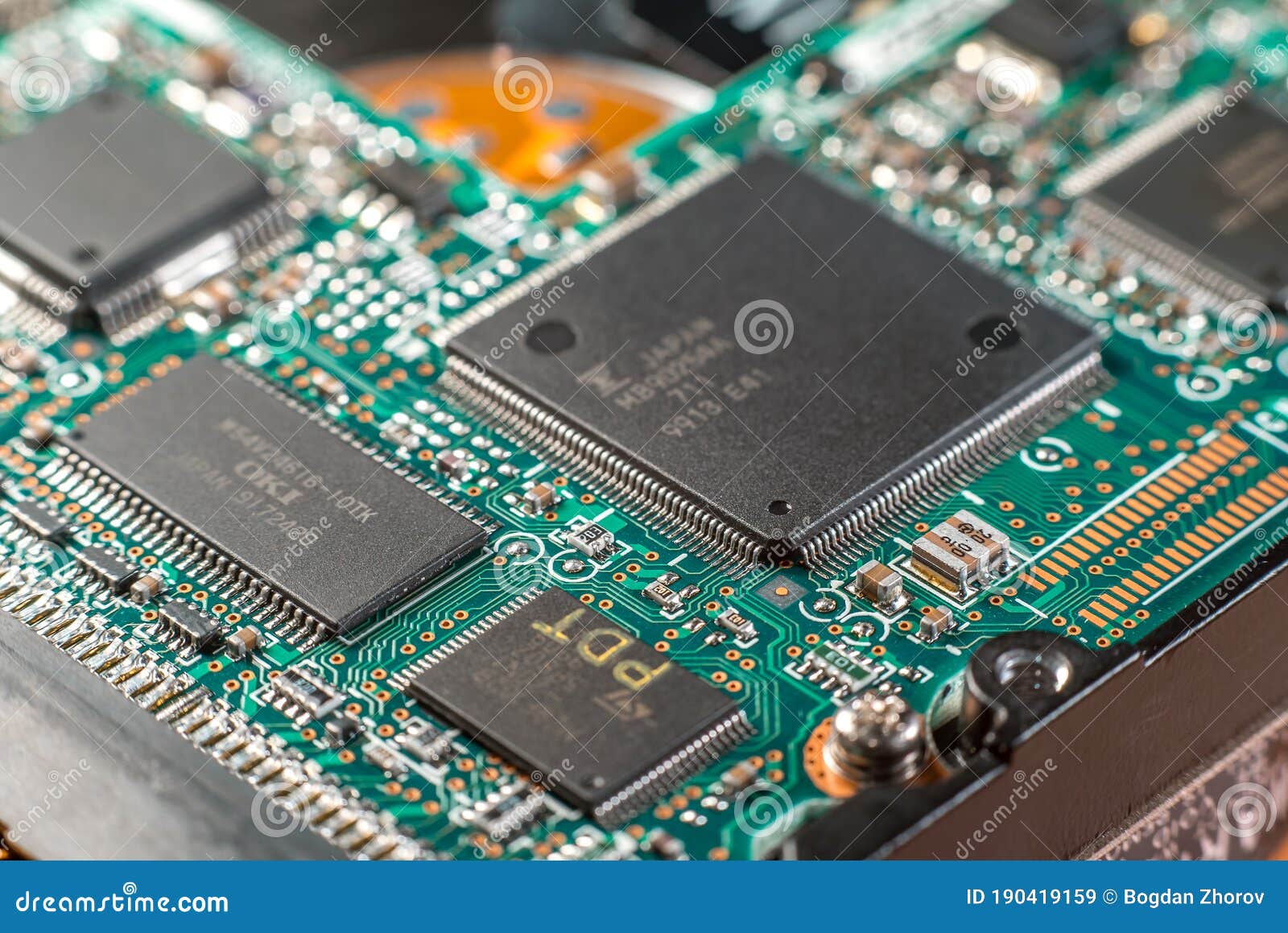 Chip On Motherboard Mainboard With Controllers, Ports And Wires, Close ...