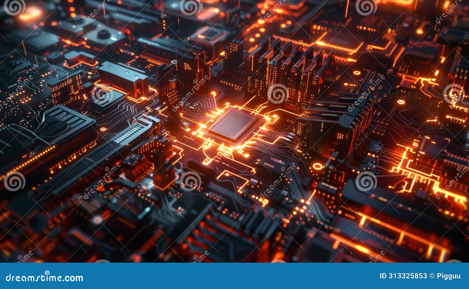 Computer Chip on Motherboard with Modern Lighting Stock Illustration ...