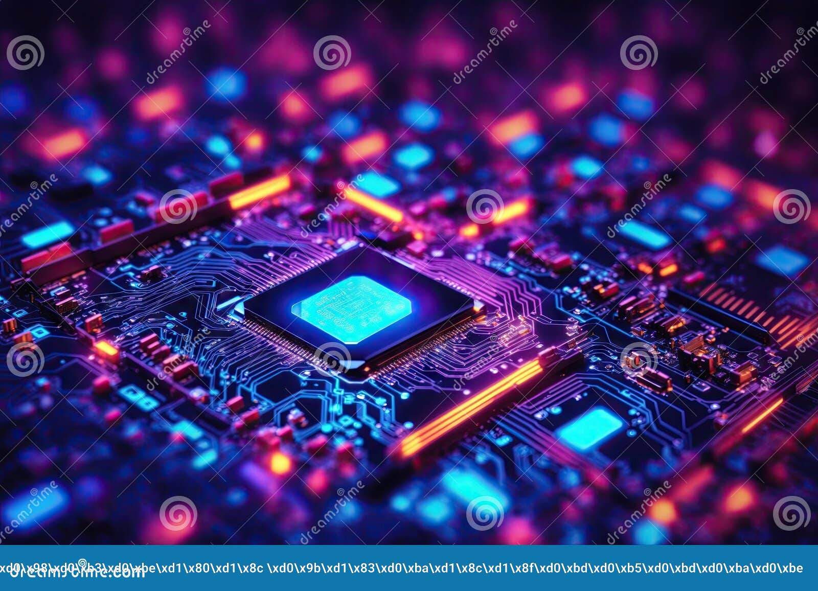 Computer Chip with Neon Lights Blue Background. Ai Generative Stock ...