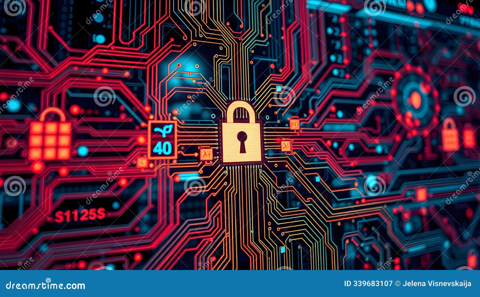 A Computer Chip with a Red and Blue Lock on it Stock Illustration ...