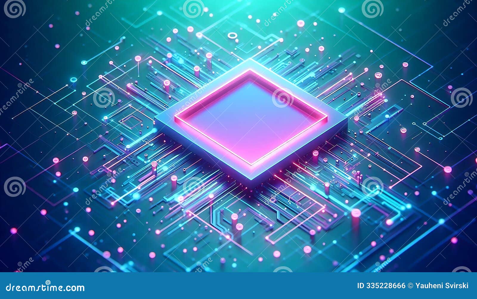 A Computer Chip is Shown in a Blue and Pink Color Scheme. the Chip is ...