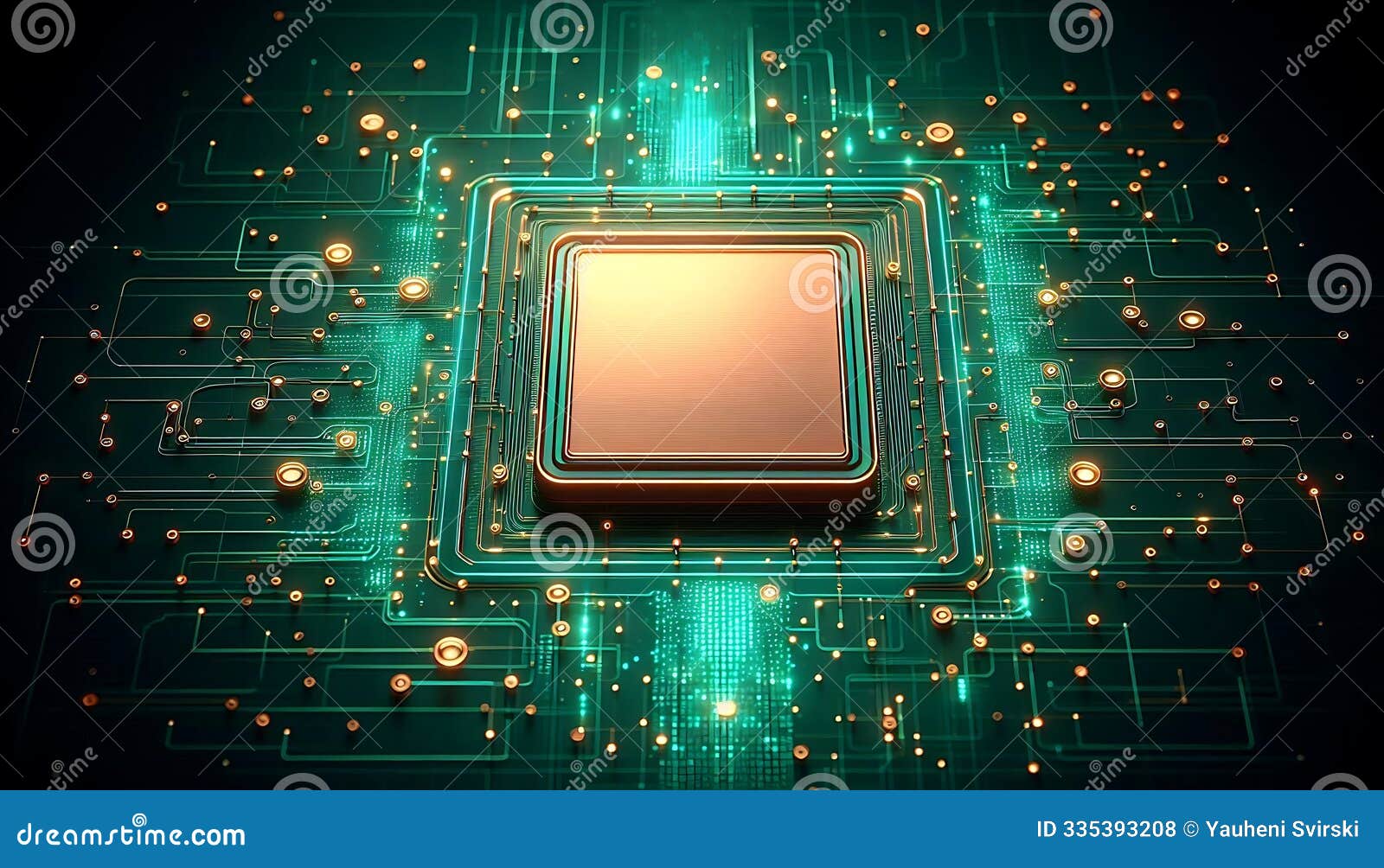 A Computer Chip is Shown in a Green and Gold Color Scheme. the Chip is ...