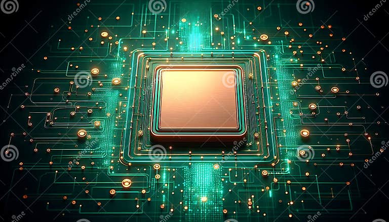 A Computer Chip is Shown in a Green and Gold Color Scheme. the Chip is ...
