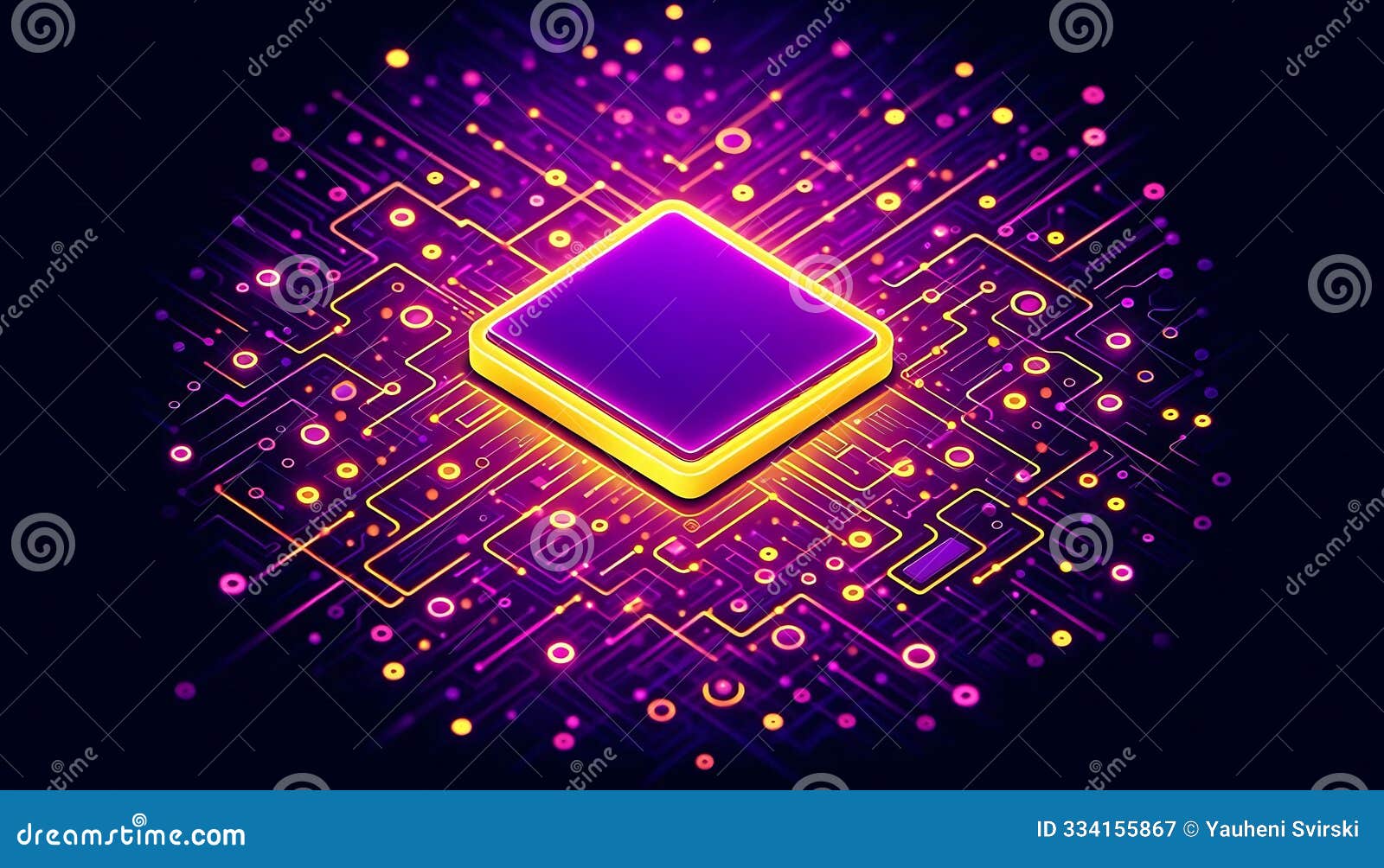 A Computer Chip is Shown in a Purple and Yellow Color Scheme. the Chip ...