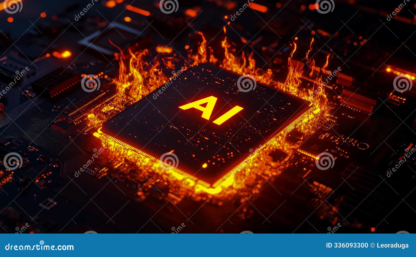 A Computer Chip with Text AI on Fire on Top of a Motherboard Stock ...