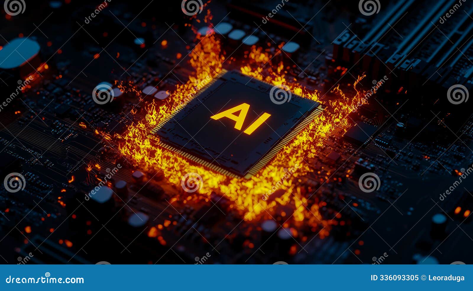 A Computer Chip with Text AI on Fire on Top of a Motherboard Stock ...
