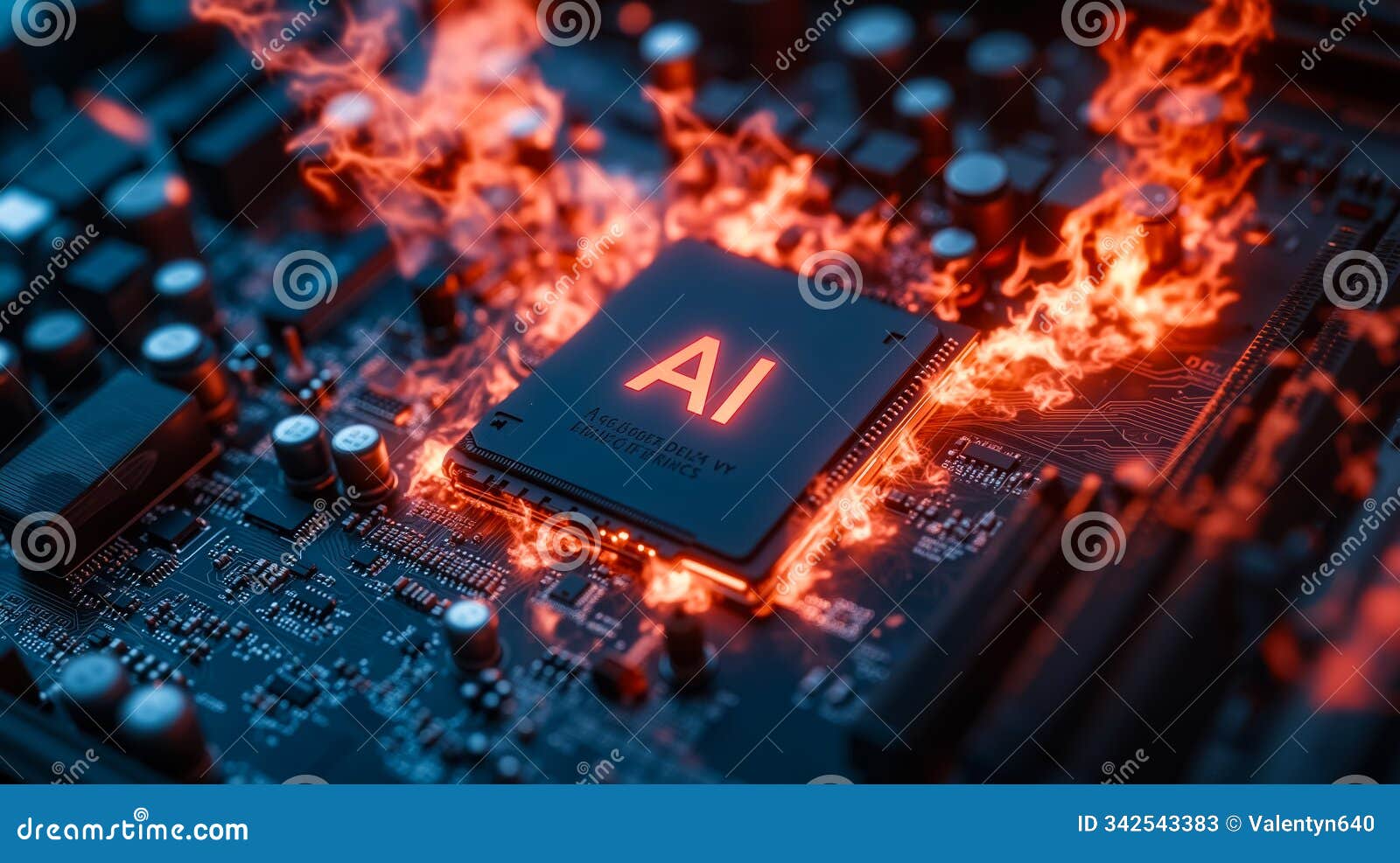 A Computer Chip on Top of a Circuit Board with Flames Coming Out of it Stock Illustration ...