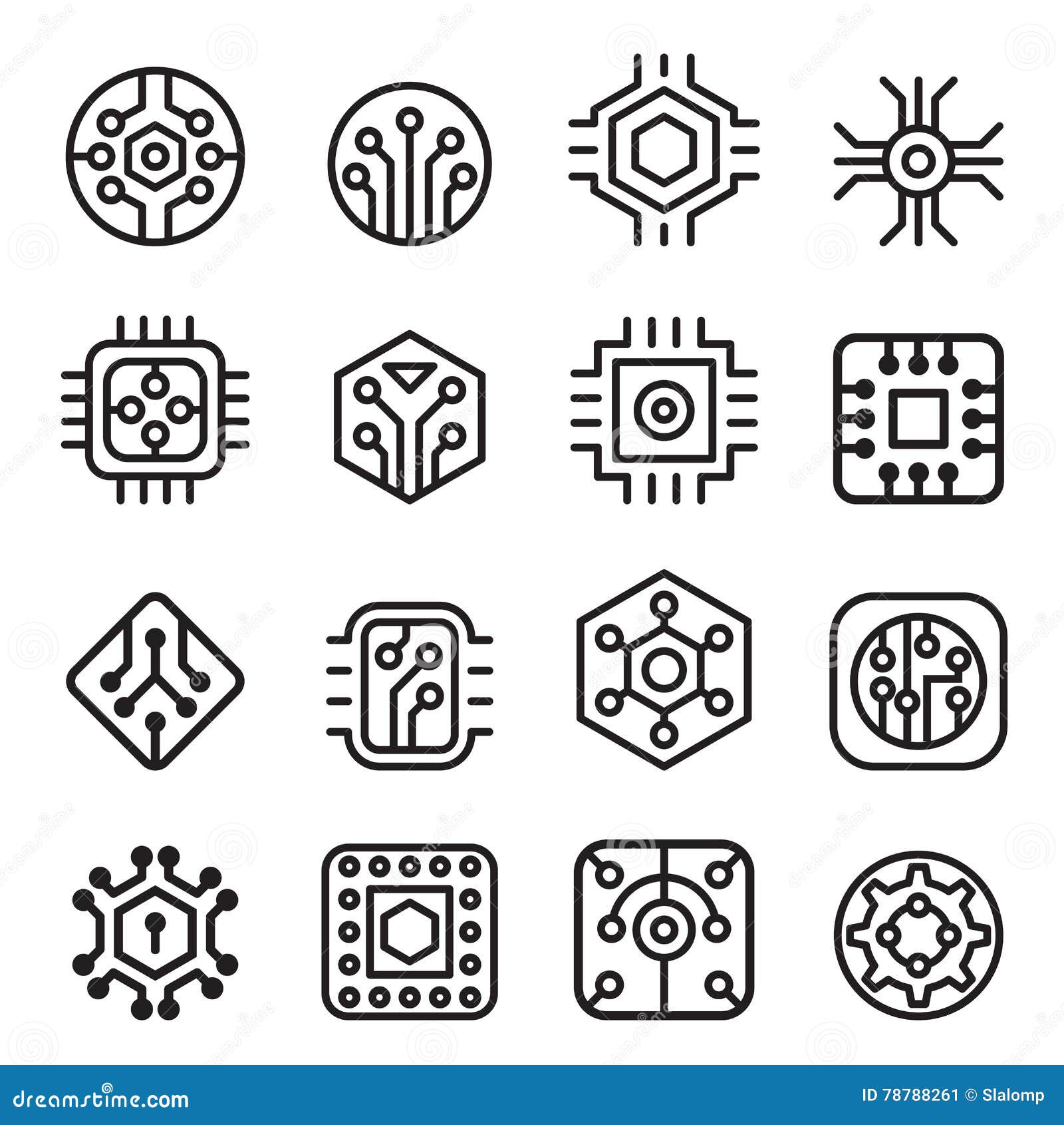 Computer Chips and Electronic Circuit Icons in Thin Line Style Stock ...