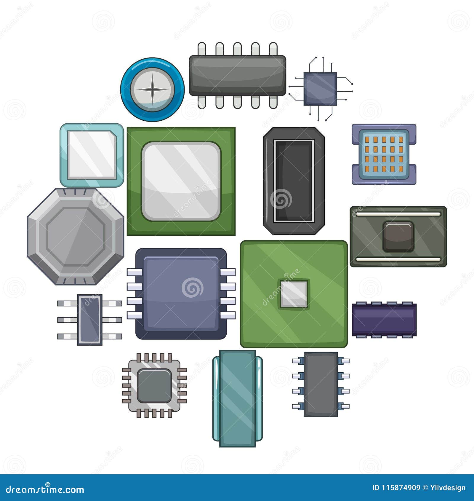 Computer Chips Icons Set, Cartoon Style Stock Vector - Illustration of ...