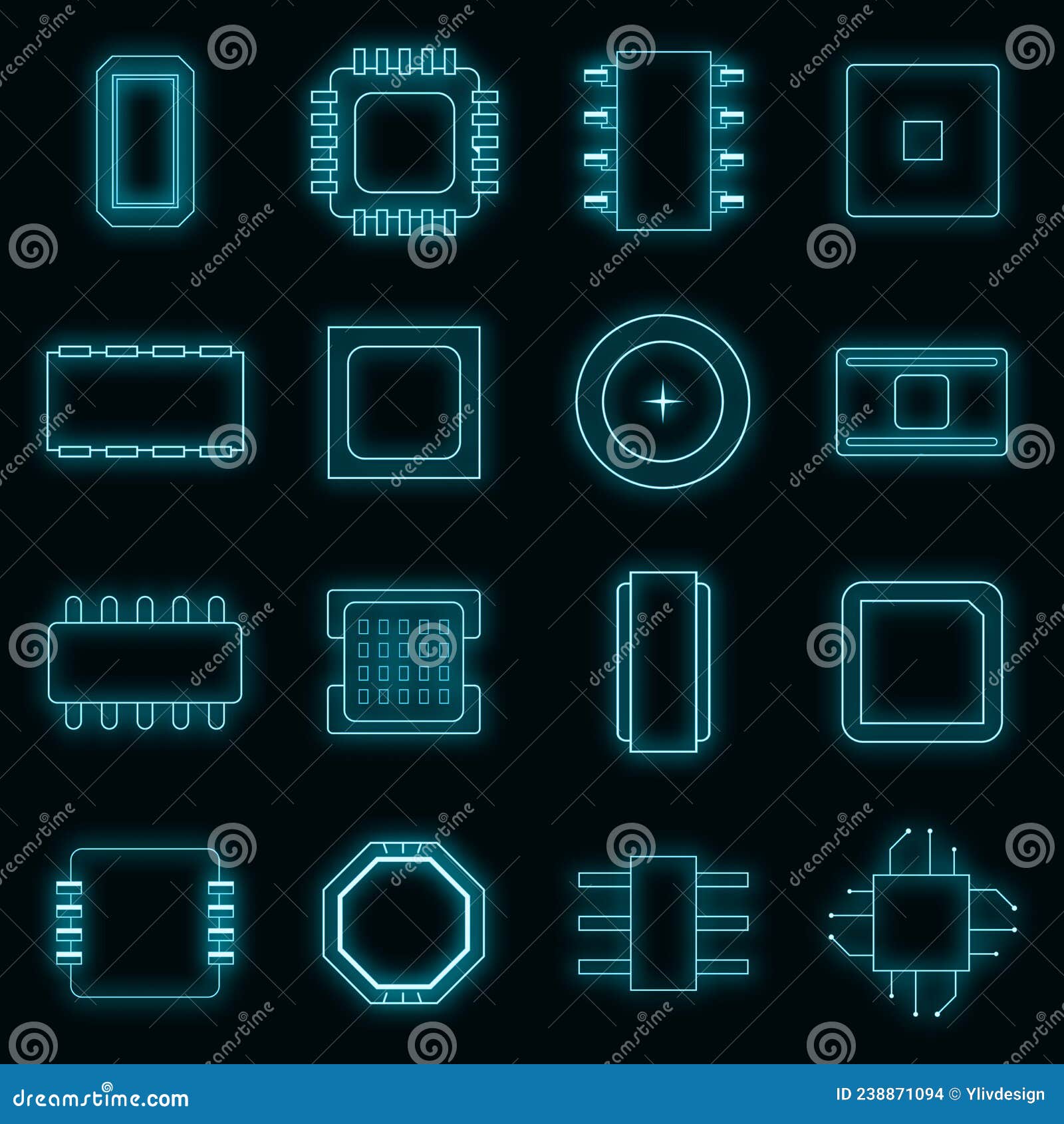 Computer Chips Icons Set Vector Neon Stock Vector - Illustration of ...