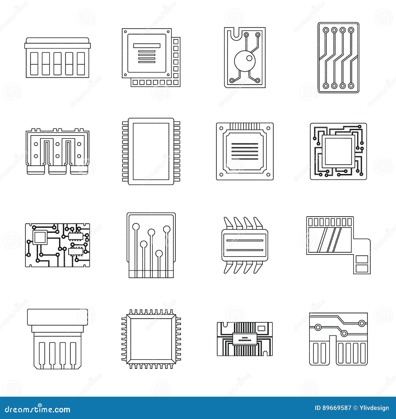 Computer Chips Icons Set, Outline Style Stock Vector - Illustration of ...