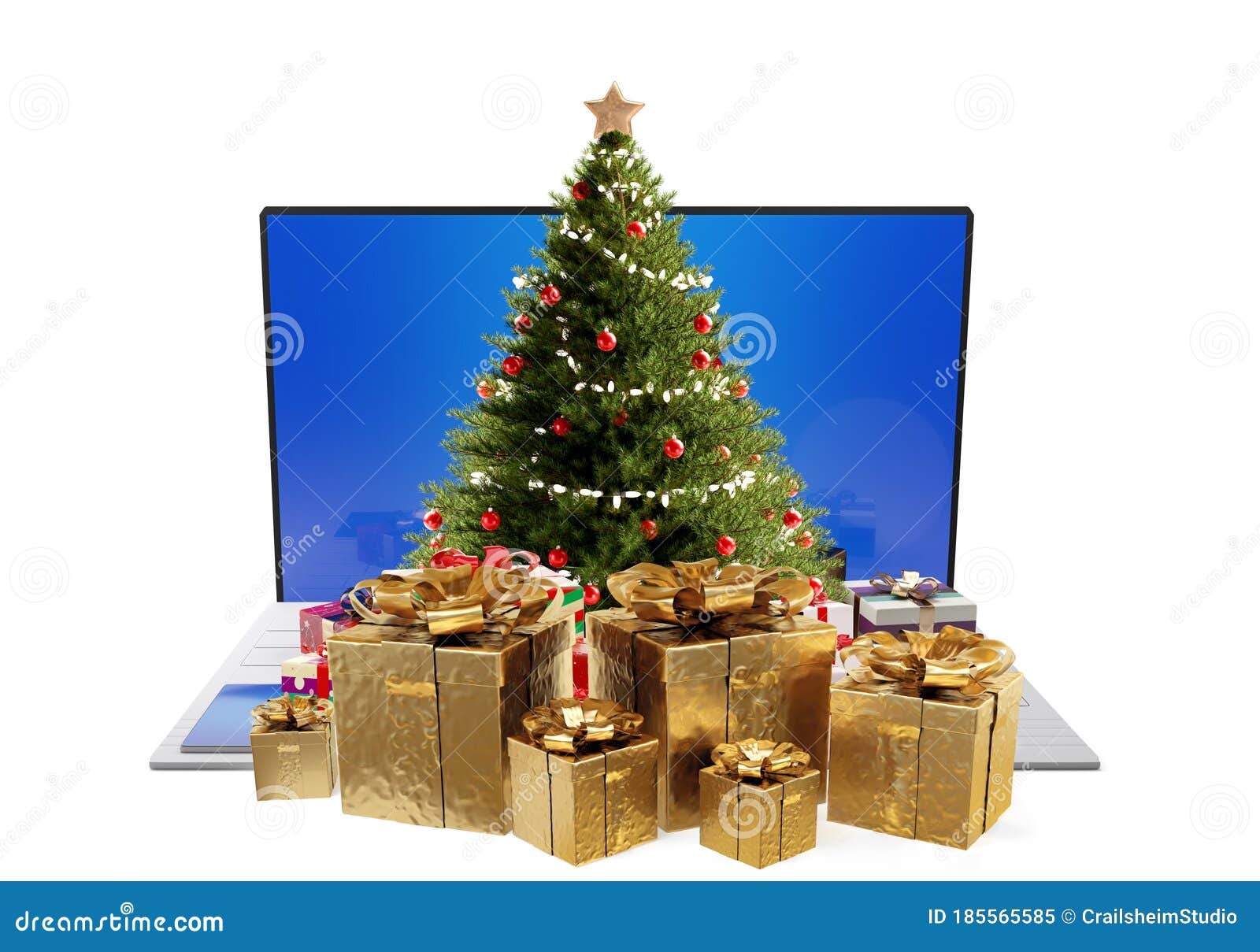 Computer and Christmas Tree with Presents. Golden Christmas Gifts 3d ...