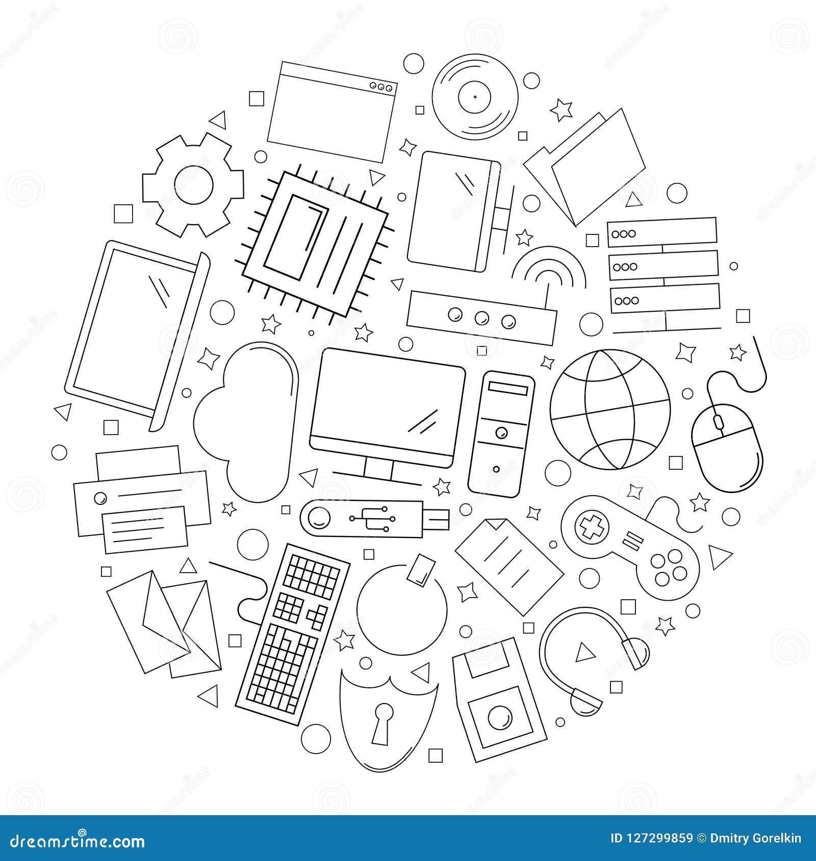 Computer Circle Background from Line Icon. Linear Vector Pattern Stock ...