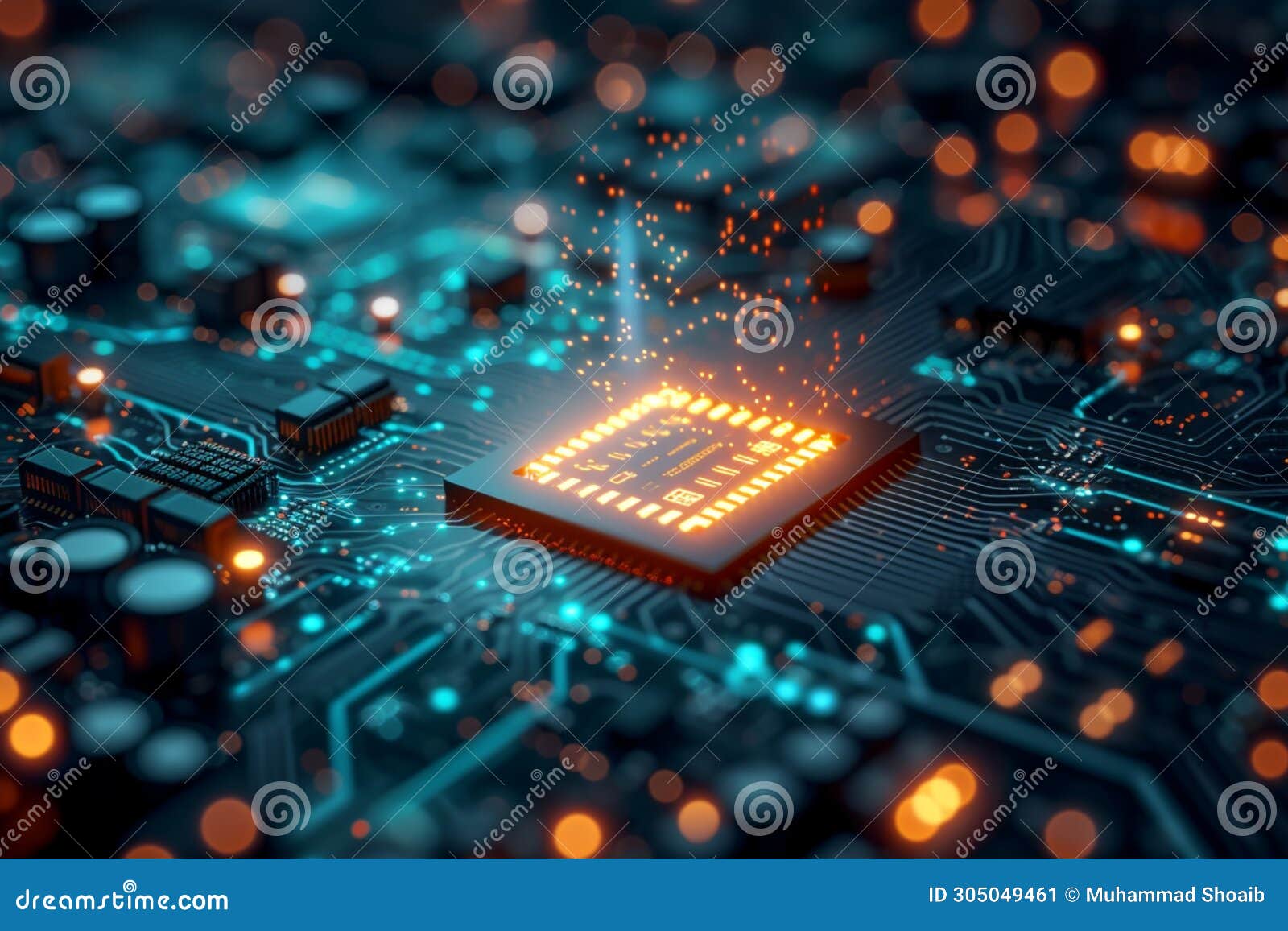 Computer Circuit Board with AI Chipset, 3D Rendering Technology Concept ...