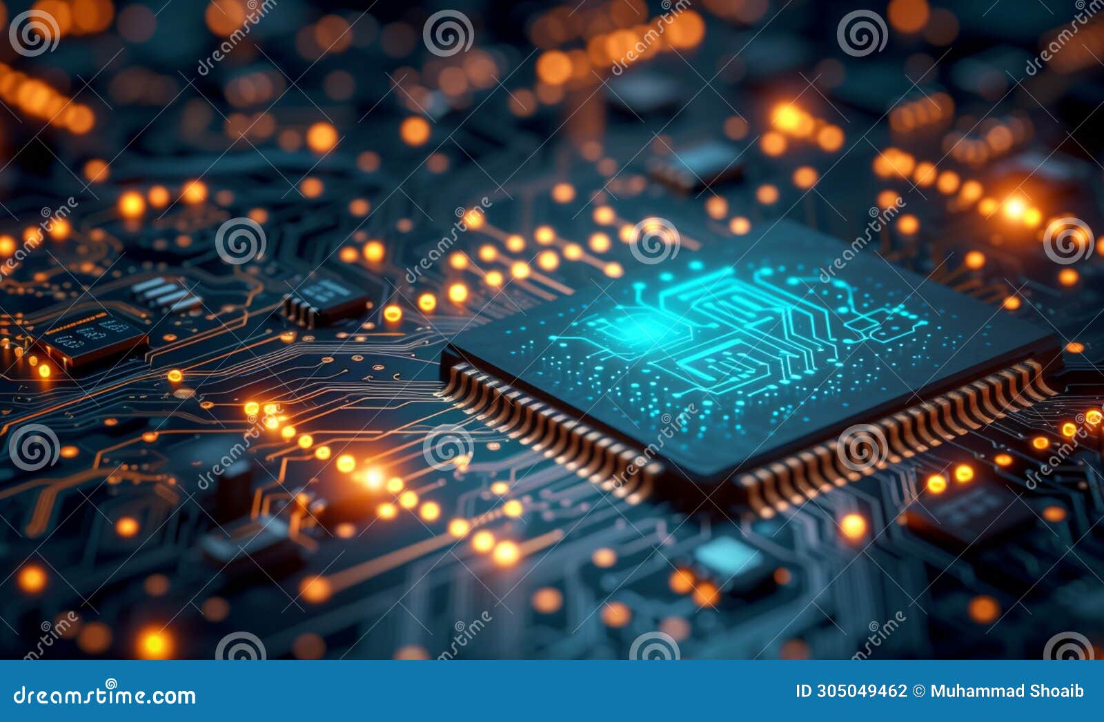 Computer Circuit Board with AI Chipset, 3D Rendering Technology Concept ...