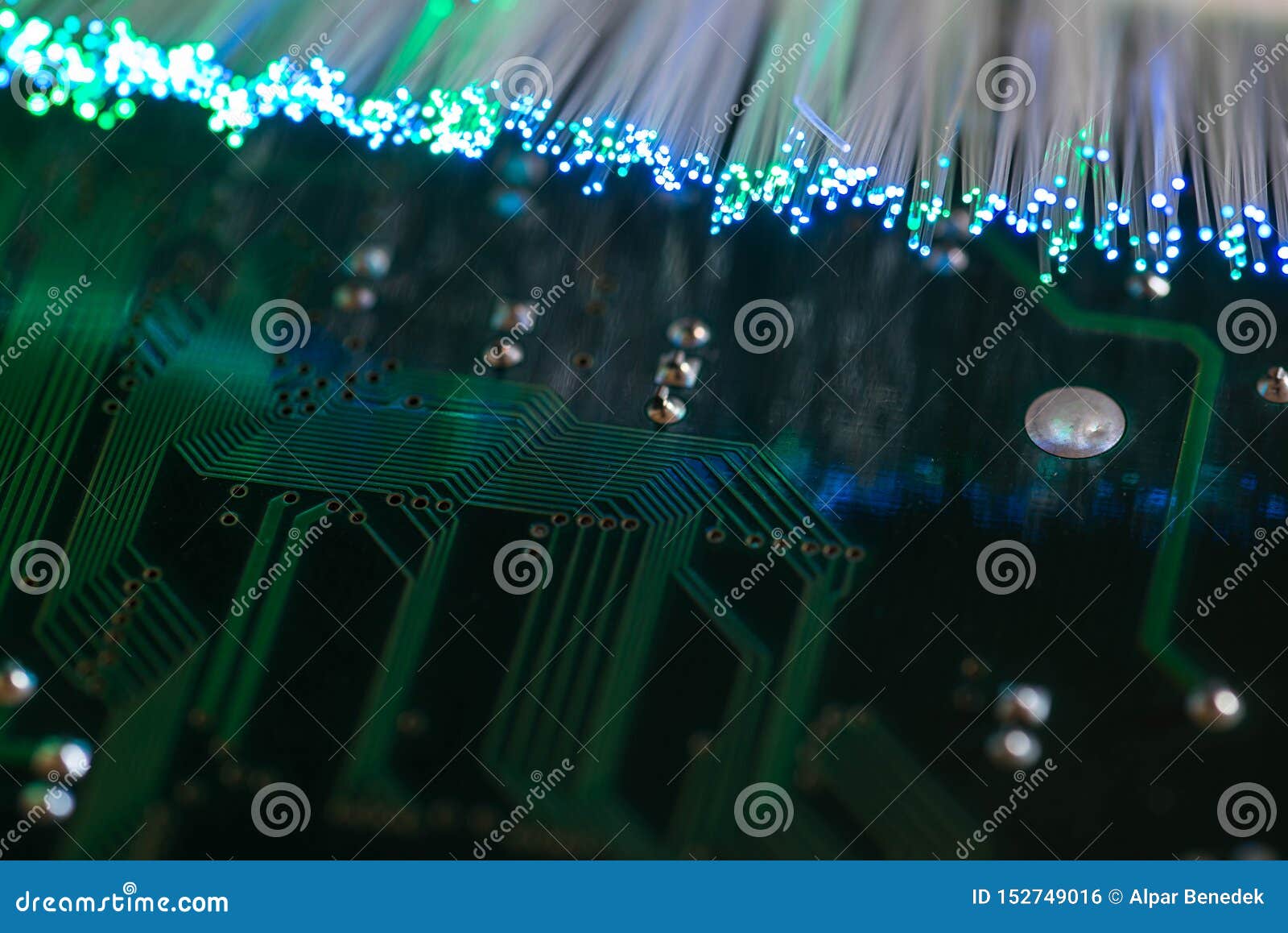 Computer Circuit Board, Glowing Optical Fibres Border Stock Photo ...