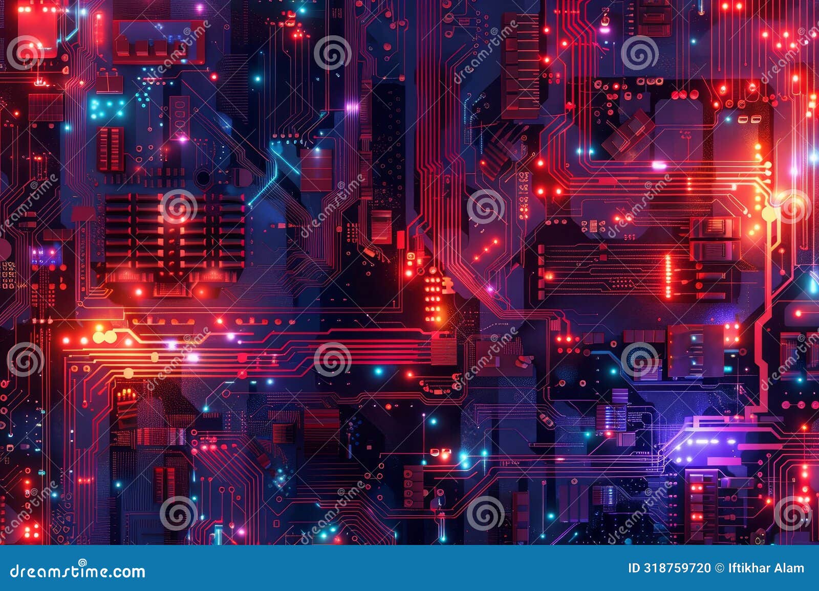 A Computer Circuit Board Glowing with Various Colored Lights, an ...