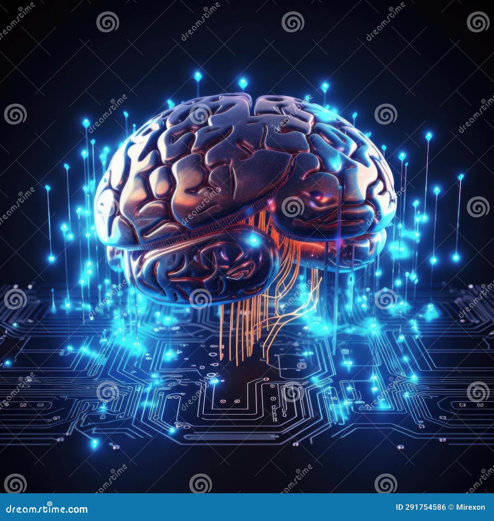 Computer Circuit Board with the Human Brain. Stock Illustration ...