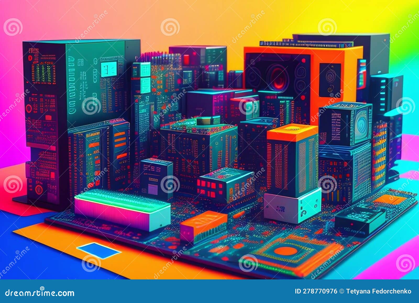 A Computer with a City on it and a Circuit Board with a Colorful ...