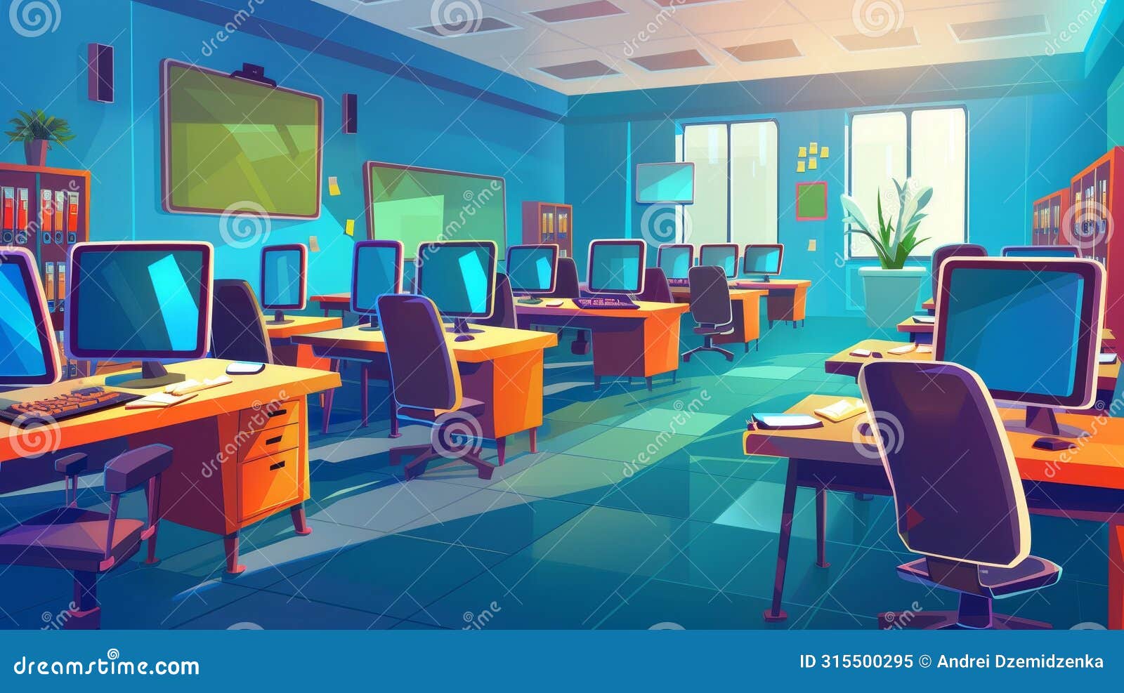 A Computer Class in an Empty School, a Modern Business Workplace, and a ...