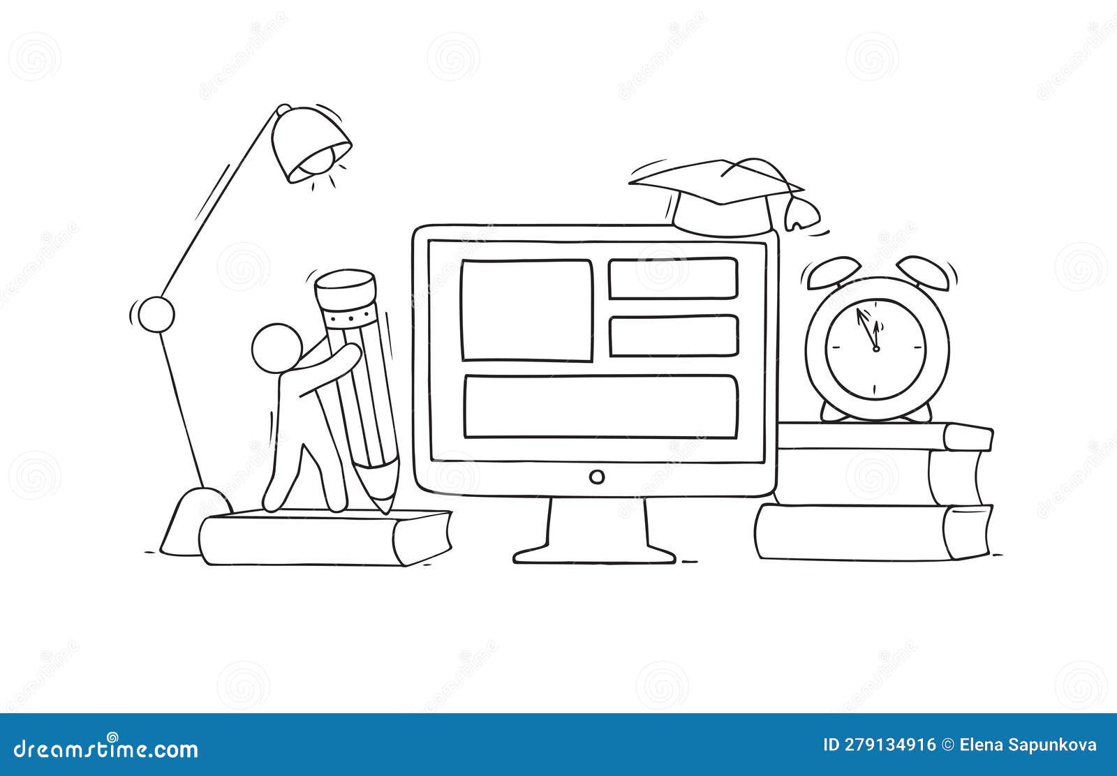 Computer Class with Studing Little Man. Doodle Cute Miniature of ...