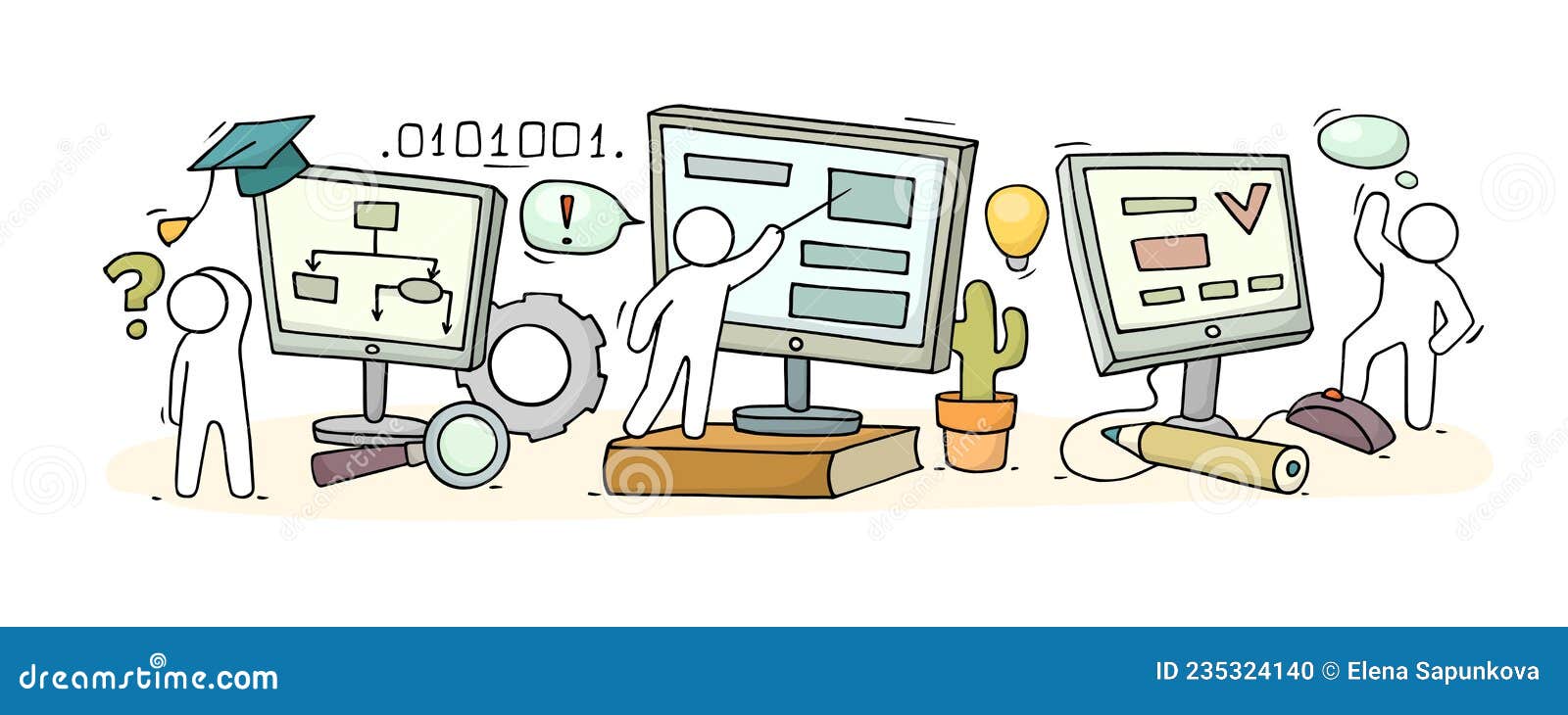 Computer Class with Studing Little People Stock Vector - Illustration ...