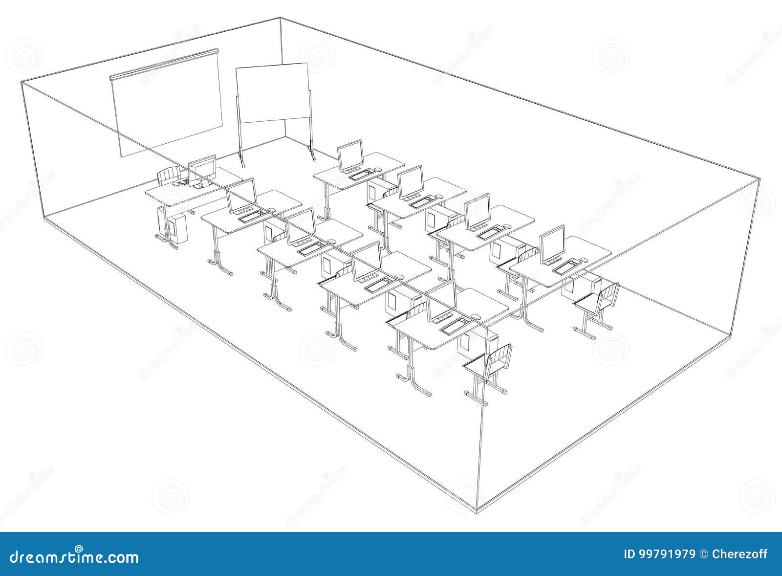 Computer Class with Tables and Computers Stock Vector - Illustration of ...