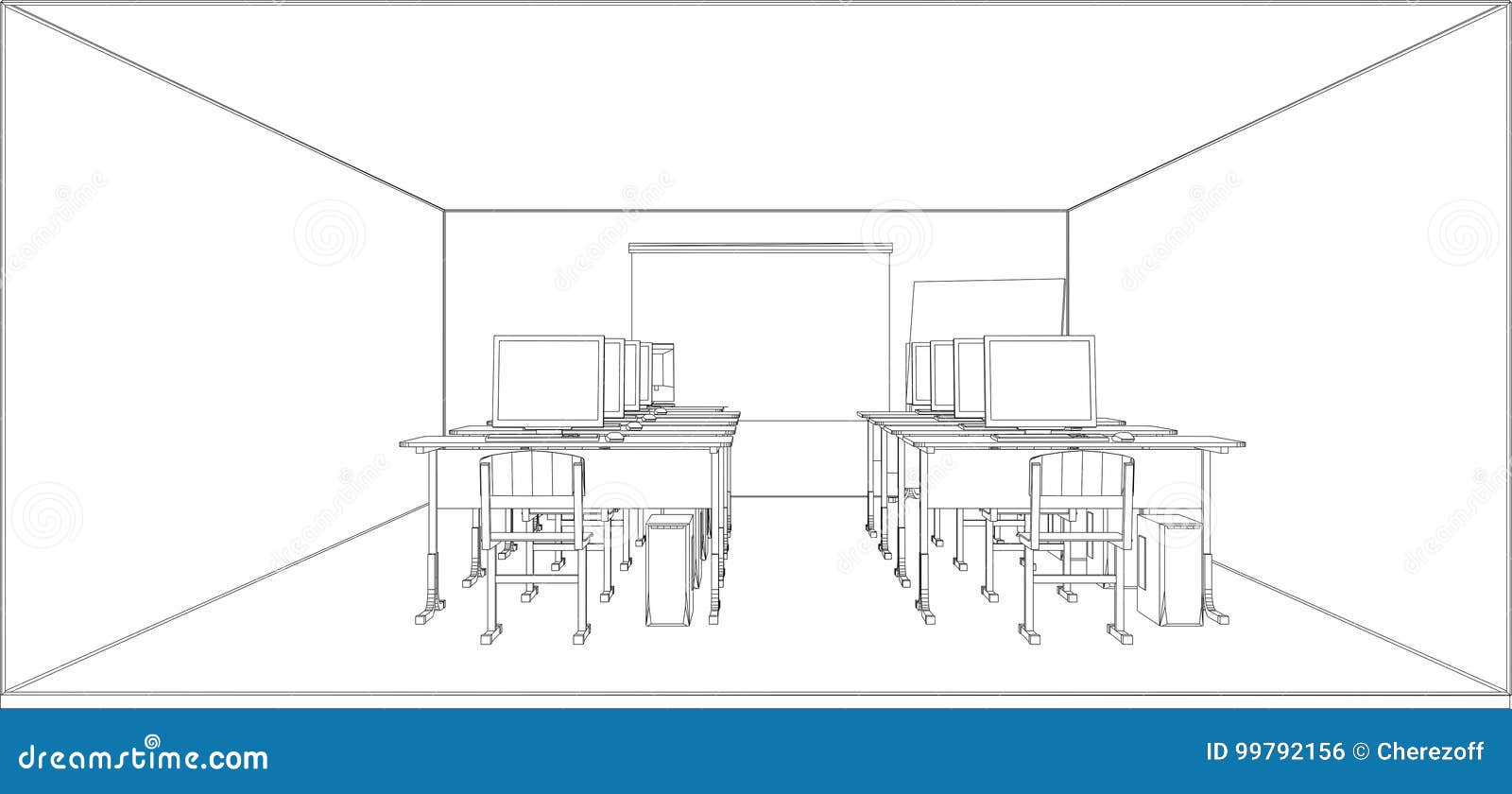 Computer Class with Tables and Computers Stock Vector - Illustration of ...