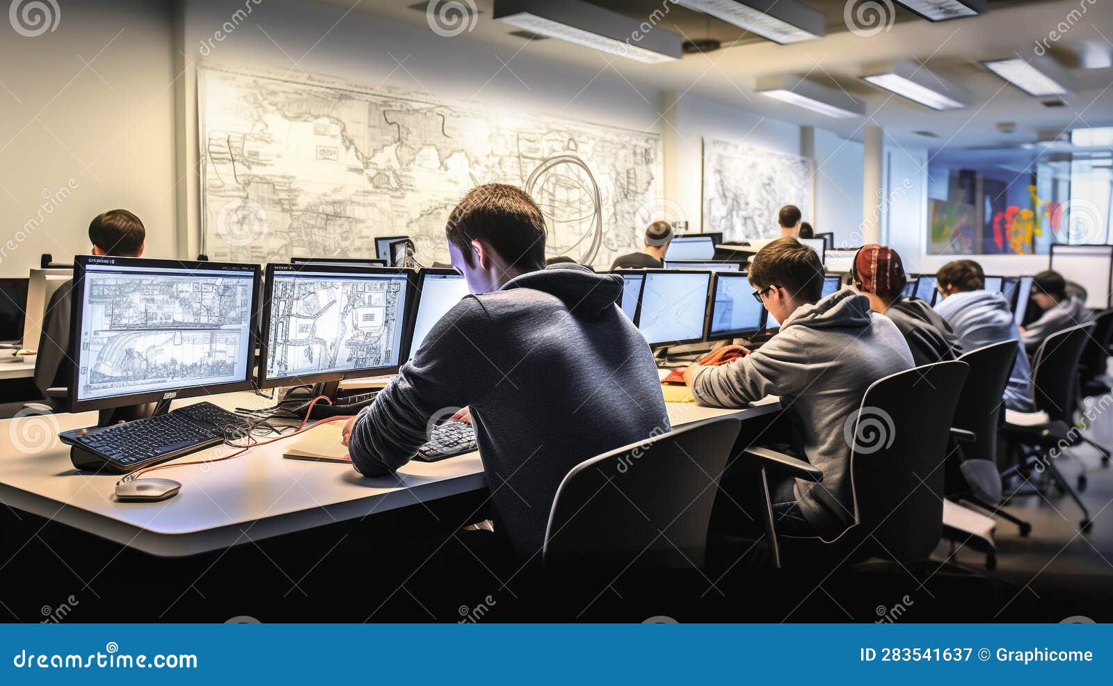 A Computer Classroom Full of Students Working Stock Illustration ...