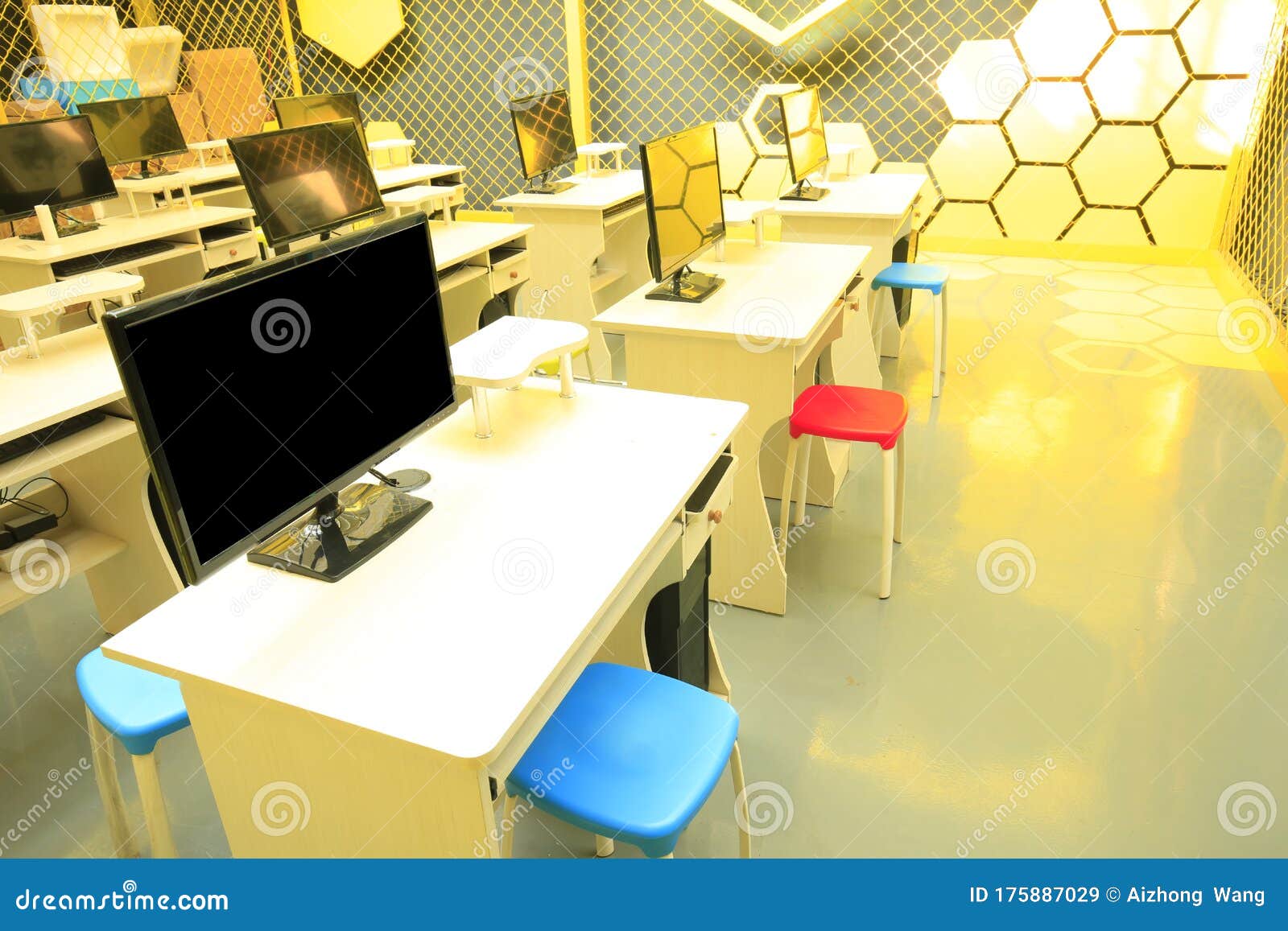 Computer Classroom, Internet Cafe Stock Image - Image of monitor ...